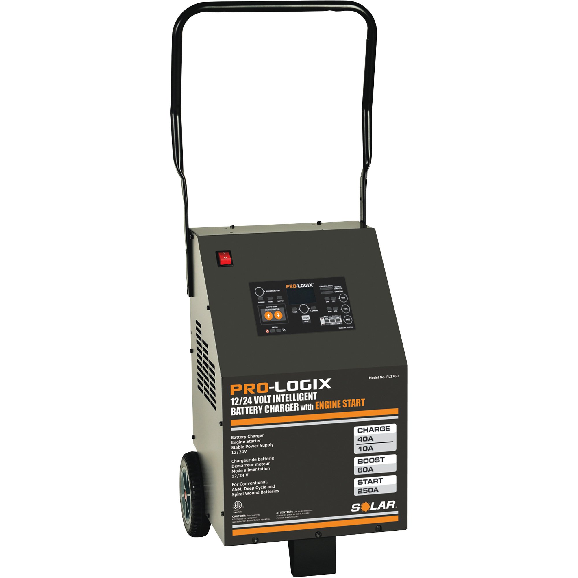 Pro-Logix Intelligent Wheeled Battery Charger with Engine Start, 12/24 ...