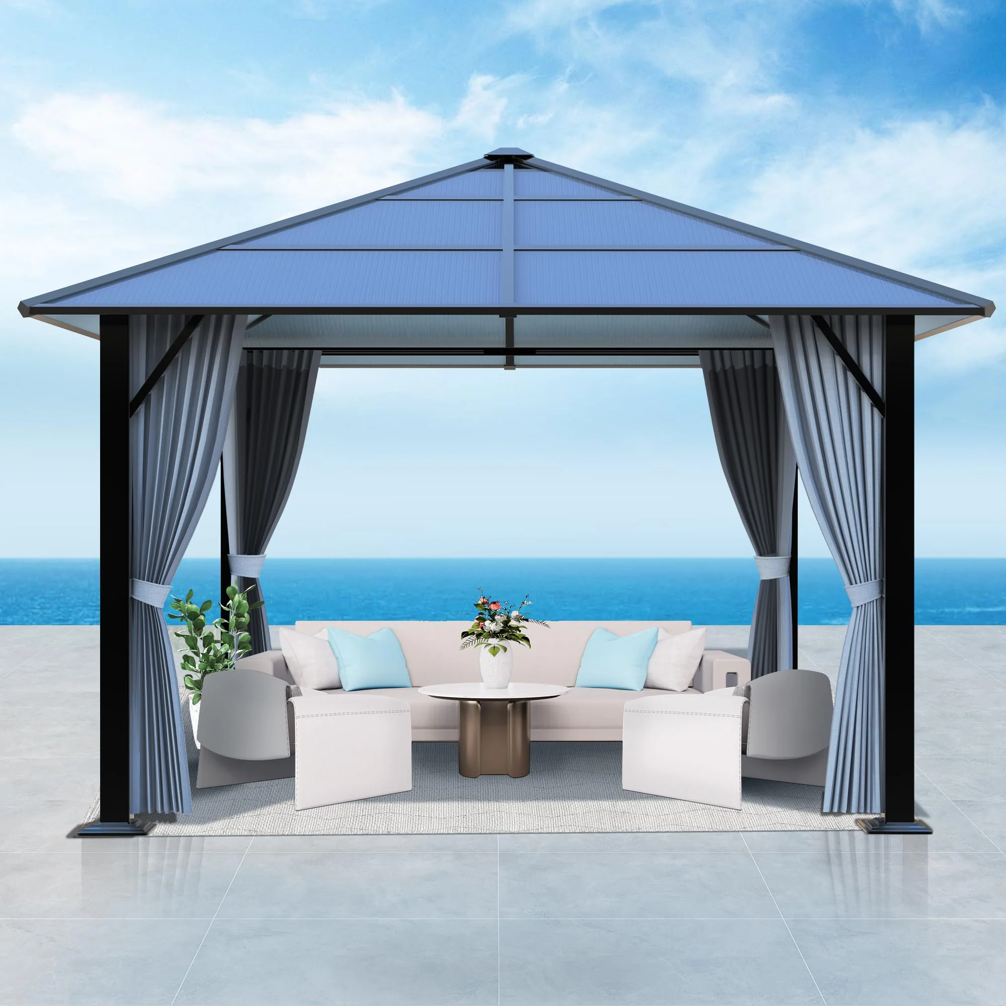 Gartooo 10'x10' Hardtop Gazebo, Outdoor Polycarbonate Roof Gazebo Metal ...