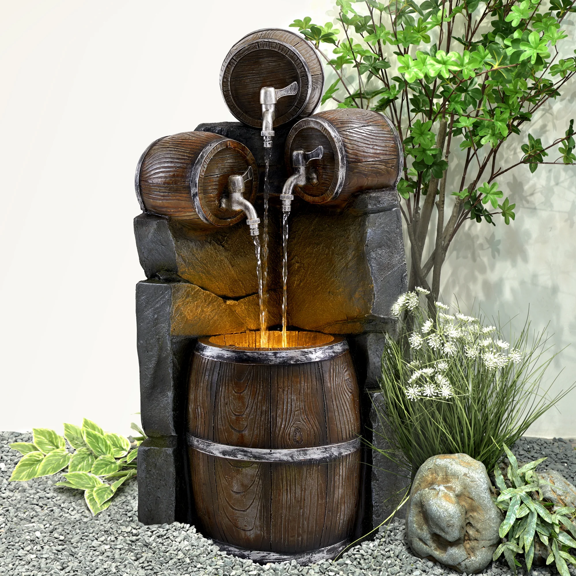 Exacme 35 H Whiskey Barrel Outdoor Freestanding Fountain, Waterfall ...