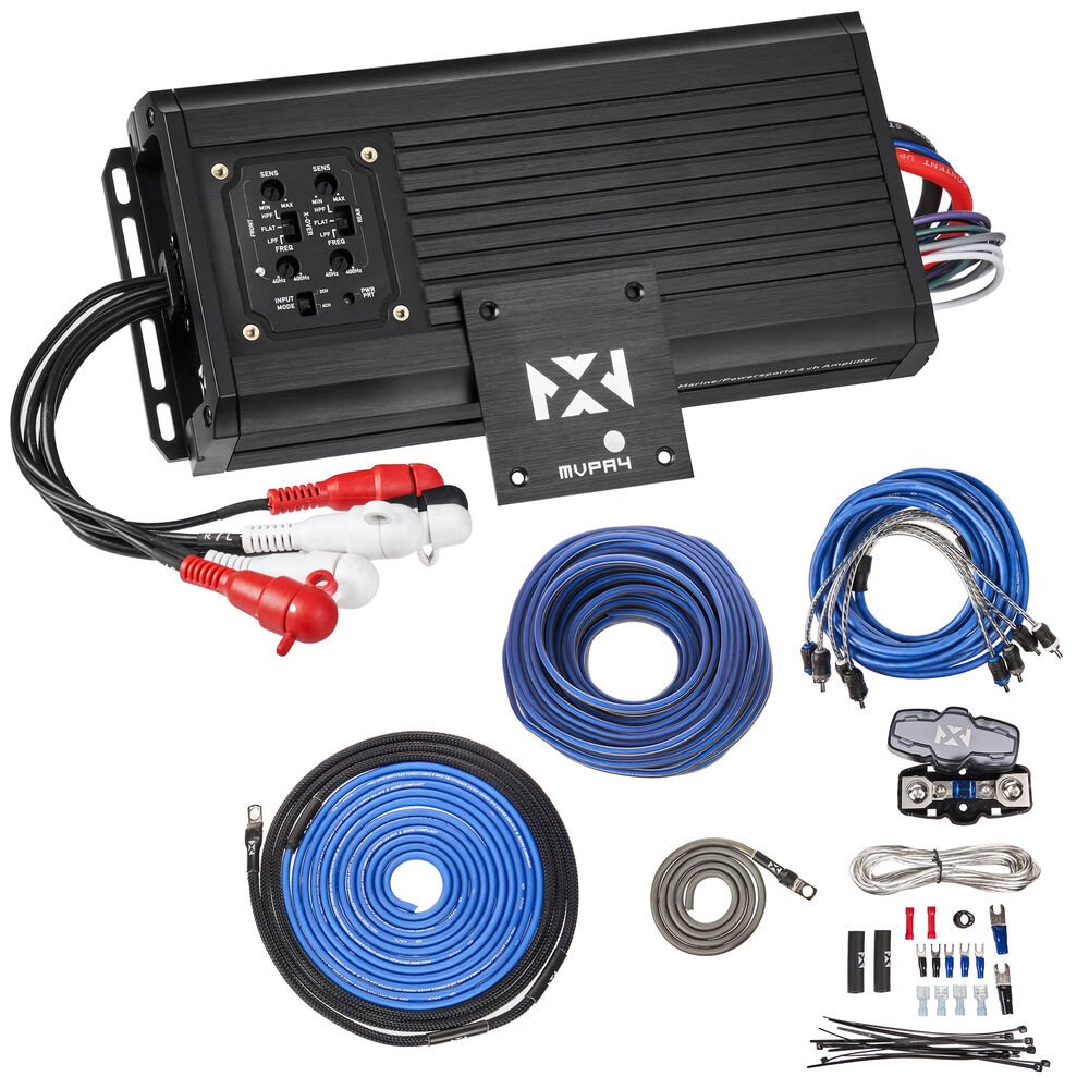 NVX MVPA4 with Amplifier Wiring Kit 600W RMS Marine 4-Channel Class D Compact Powersports ...