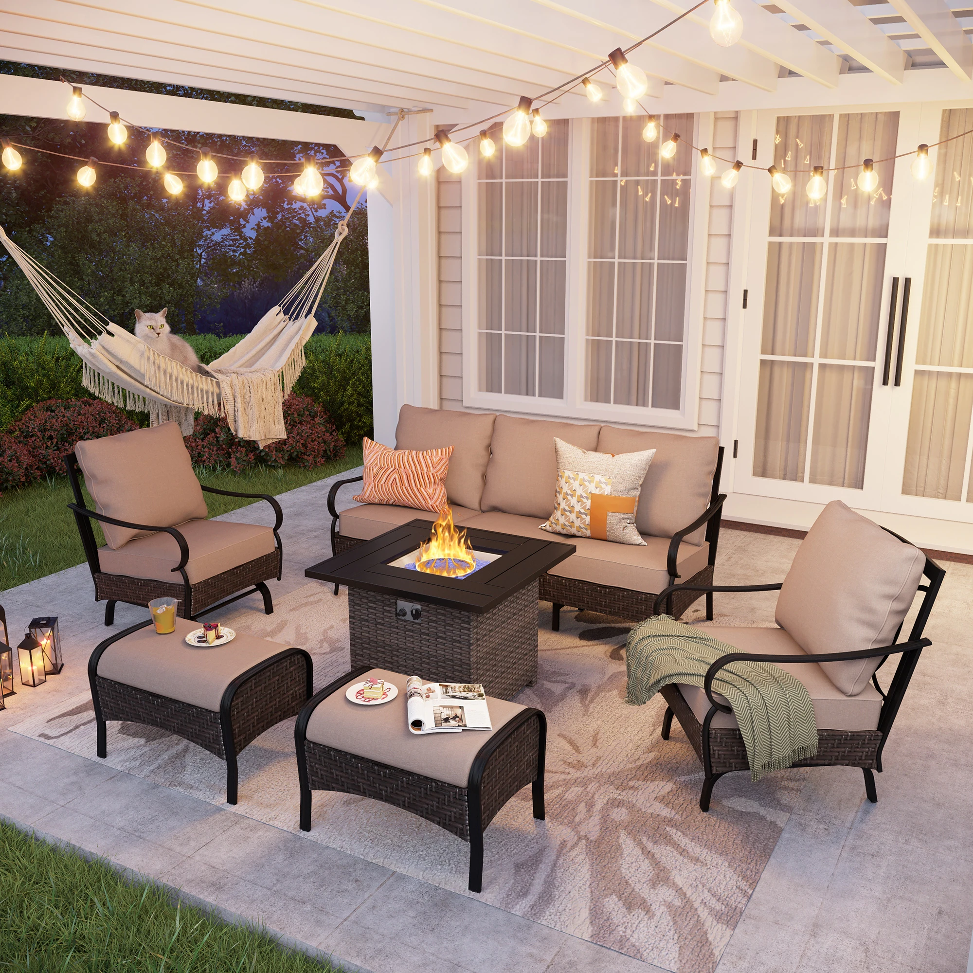 Wicker Patio Conversation Set with Gas Fire Pit Table - Texas Outlet