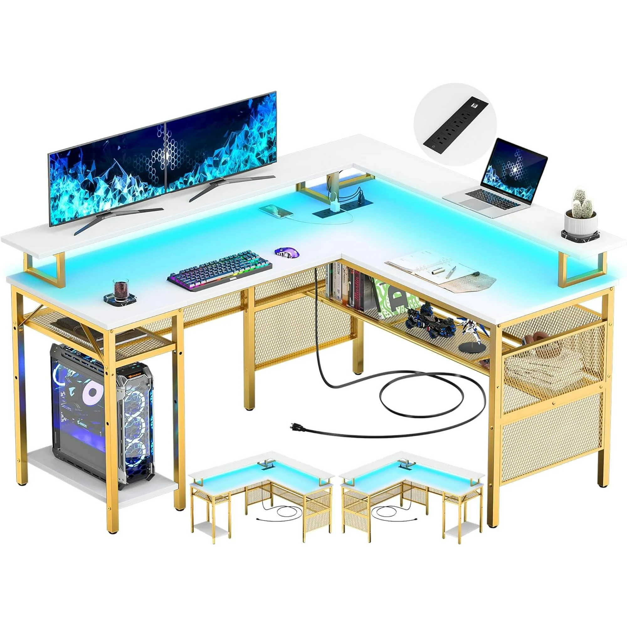 iSunirm L Shaped Desk with LED Strip and Power Outlets, Reversible ...