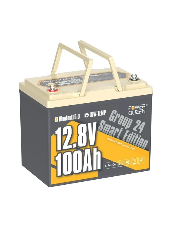 Power Queen 12V 100Ah Smart Bluetooth Group 24 LiFePO4 Battery Low Temp ...