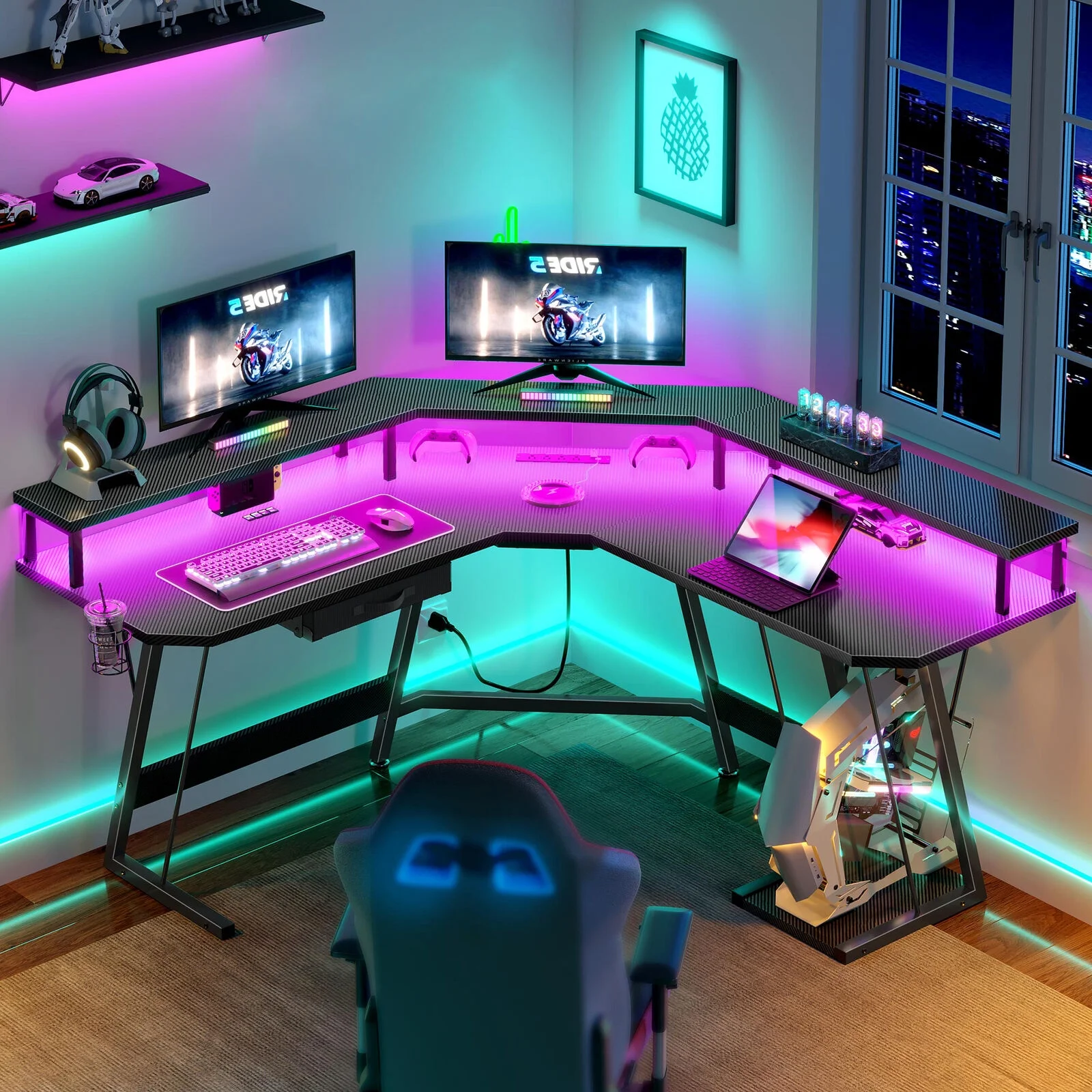 ZGBY L-Shaped Gaming Desk Corner Table Computer Desk With Rgb Light ...