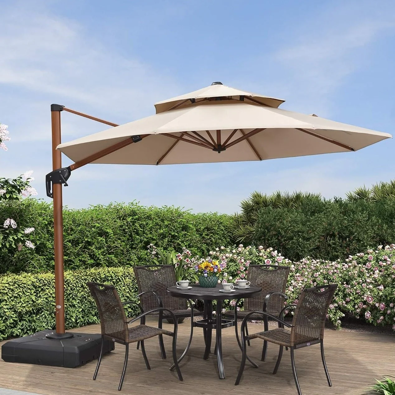 PURPLE LEAF 10ft Round Wood Pattern Patio Cantilever Umbrella with Base ...