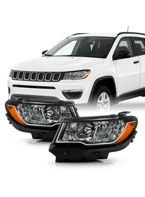 AKKON - Fits 2017-2021 Jeep Compass Halogen OE Black Style Headlights ...