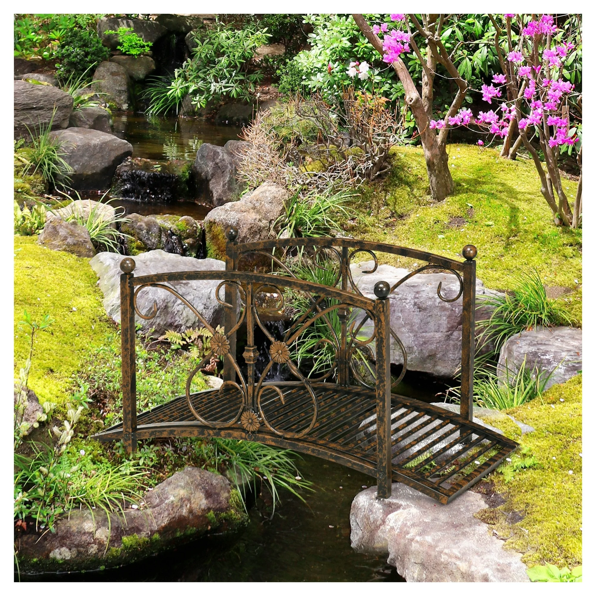 YUNTIE Metal Garden Bridge 3.3', Safety Railings Outdoor Dcor for Pond ...