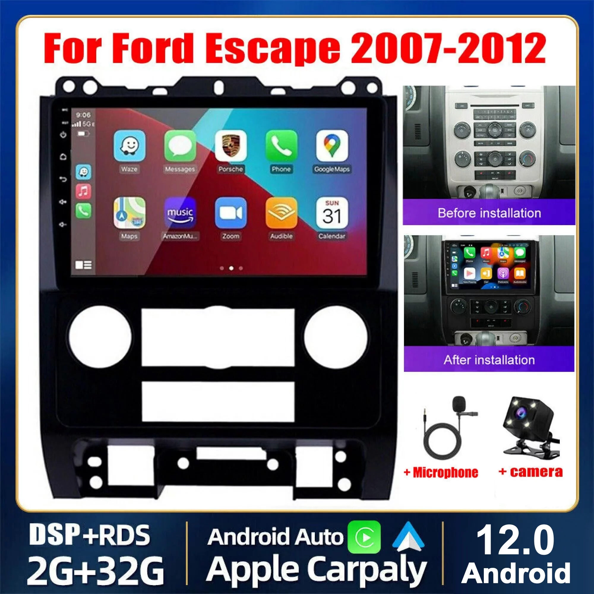 Zcargel Car Stereo Radio For Ford Escape 2007-2012 with Apple Carplay ...