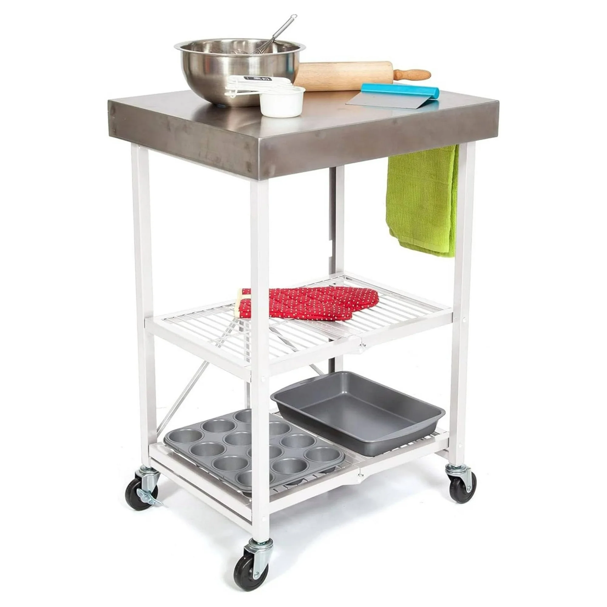 WoZHe Folding Kitchen Cart on Wheels, 3-Tier Foldable Rolling Cart ...