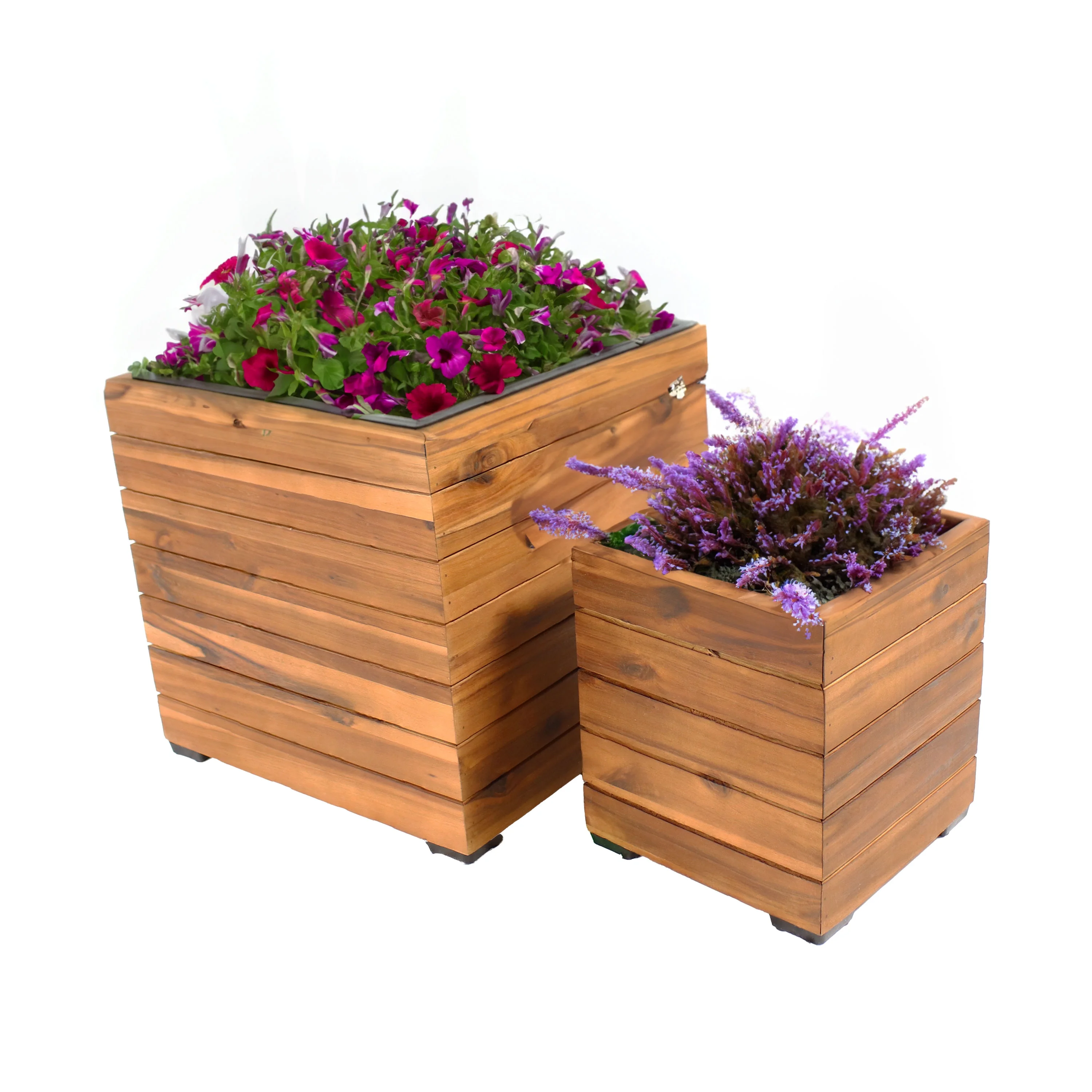 2-Piece Large Acacia Wood Square Planter Boxes with Plastic Liners ...