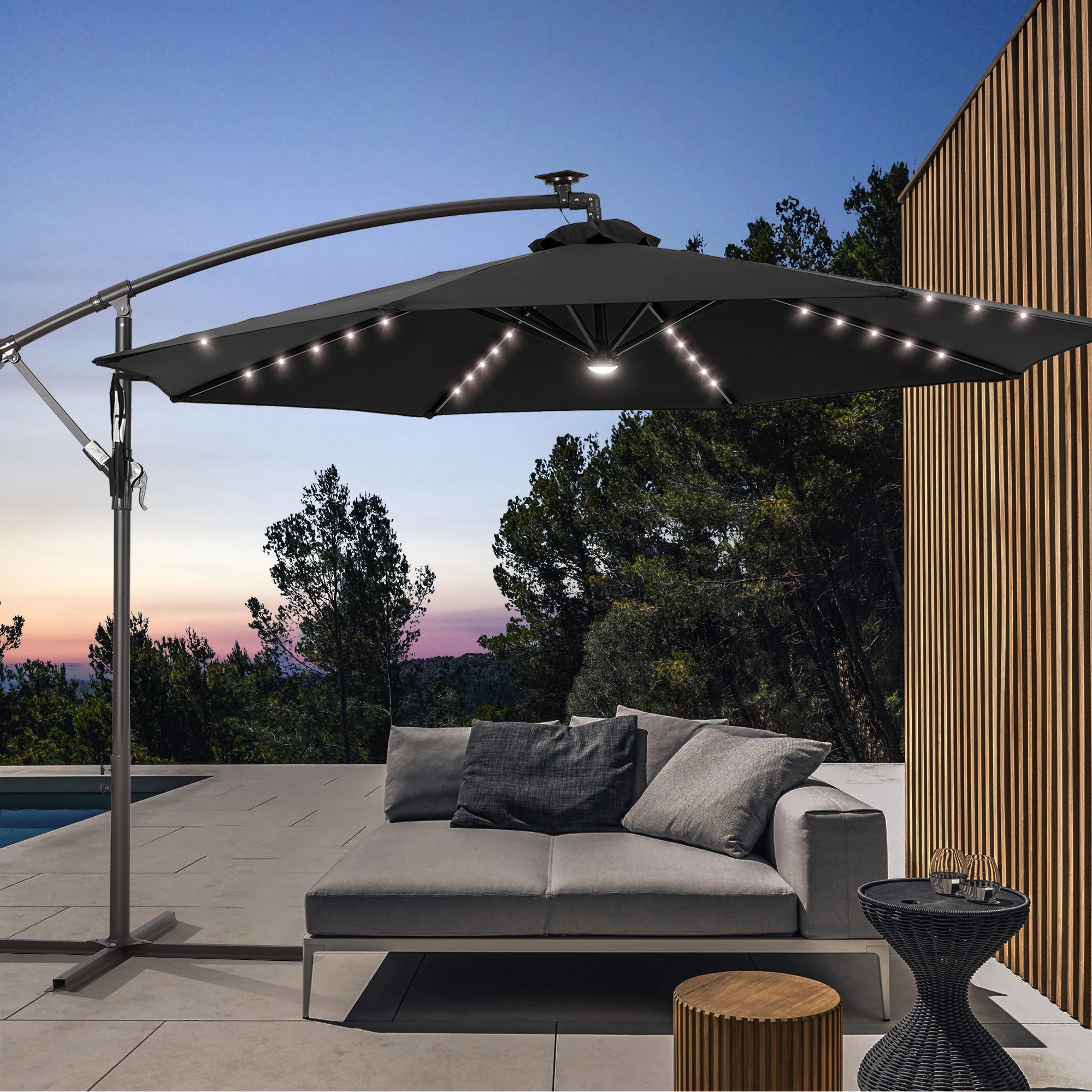 BONOSUKI 10ft LED Cantilever-Offset Patio Hanging Umbrella Steel Ribs ...