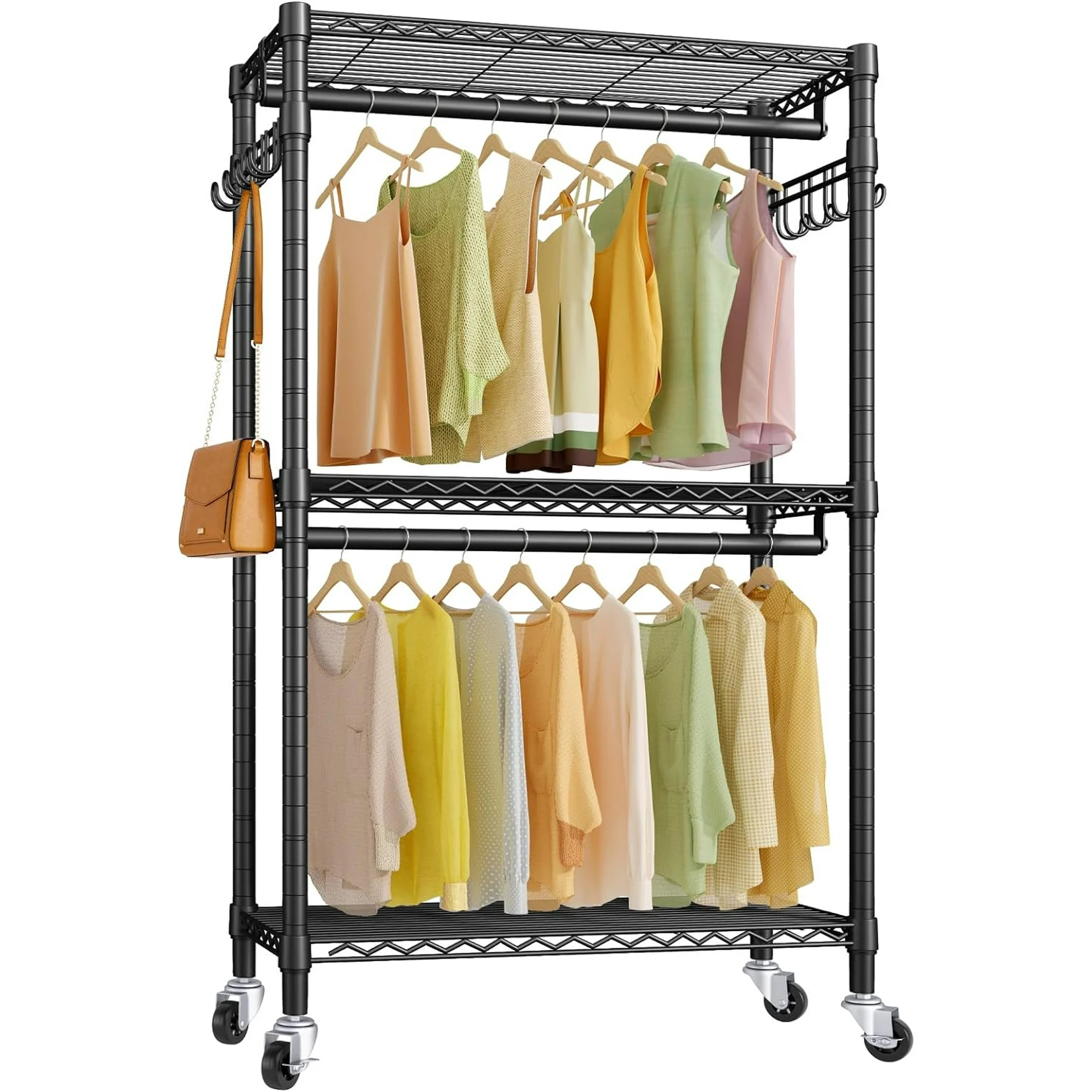 V12 Medium Heavy Duty Rolling Garment Rack 3 Tiers Adjustable Clothes ...