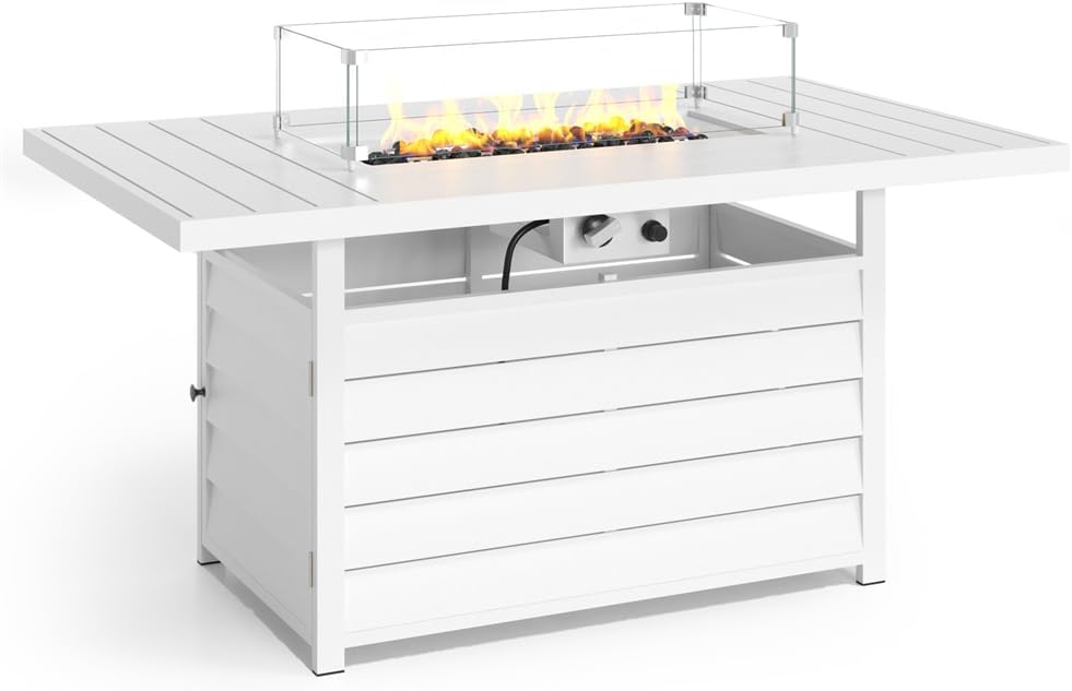 White Rectangle Outdoor Aluminum Glass Windbreak Propane Fire Pit Table ...