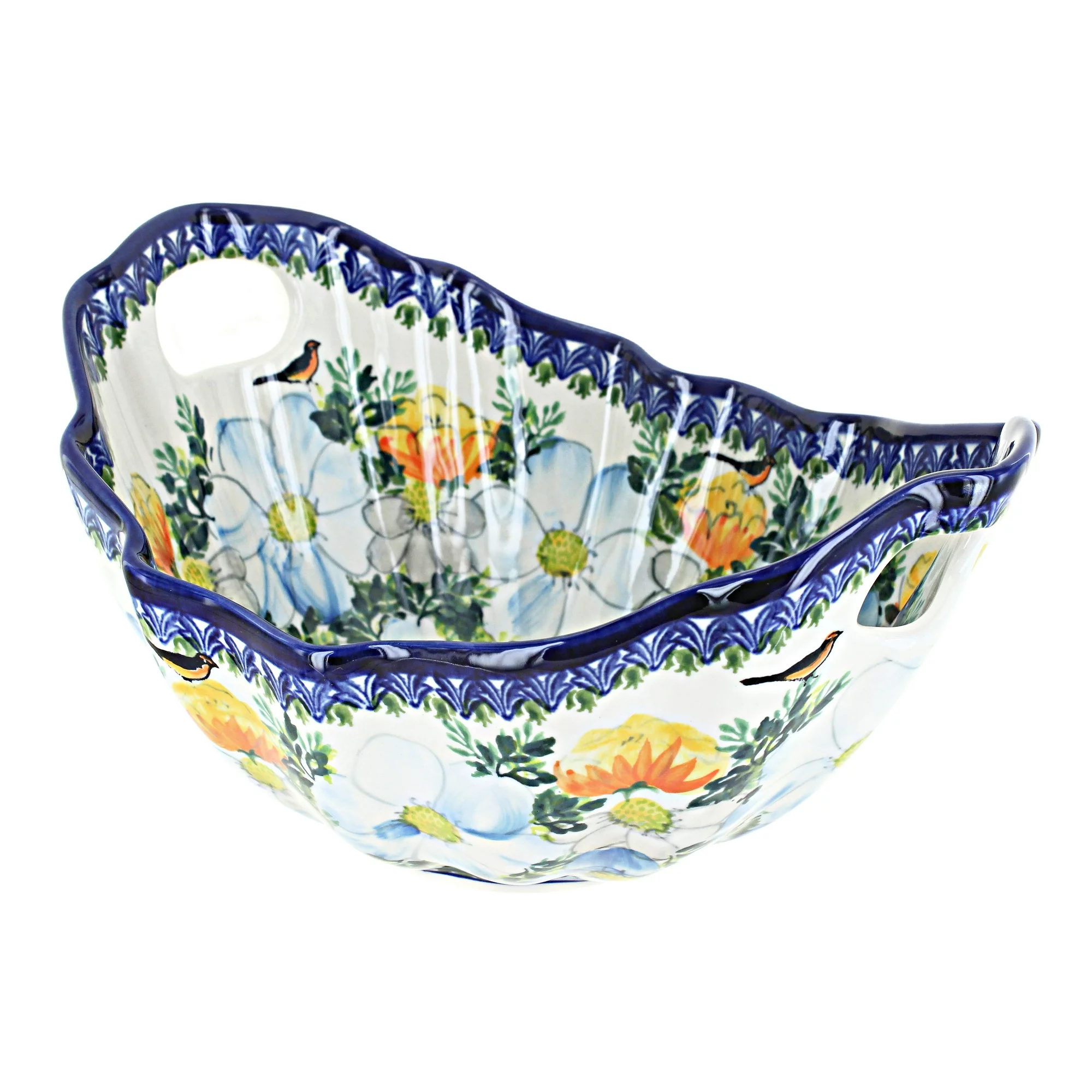 Blue Rose Polish Pottery Goldfinch Basket with Handles - Texas Outlet
