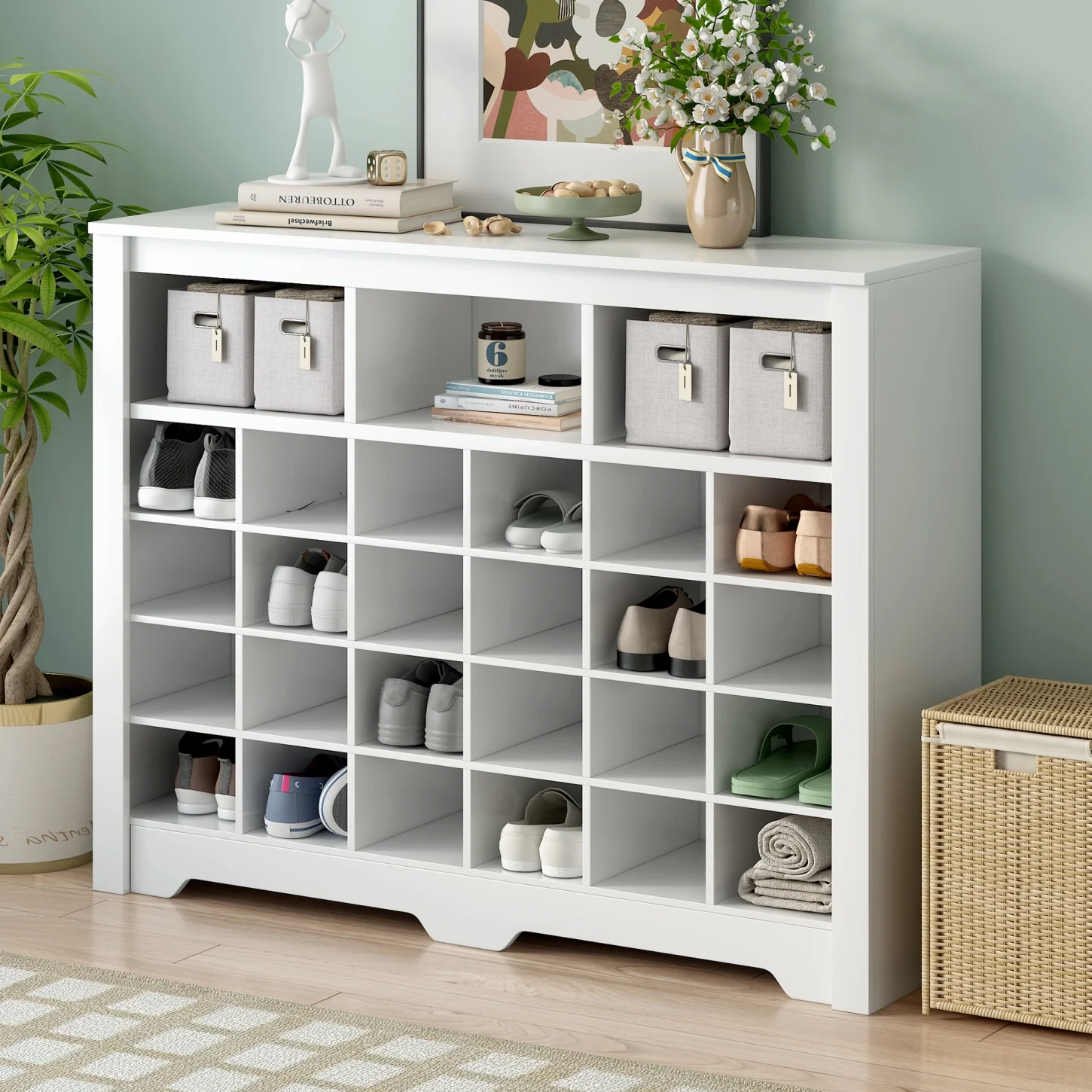 White 24-Cubby Shoe Storage Console - Modern Sleek Design with Curved ...