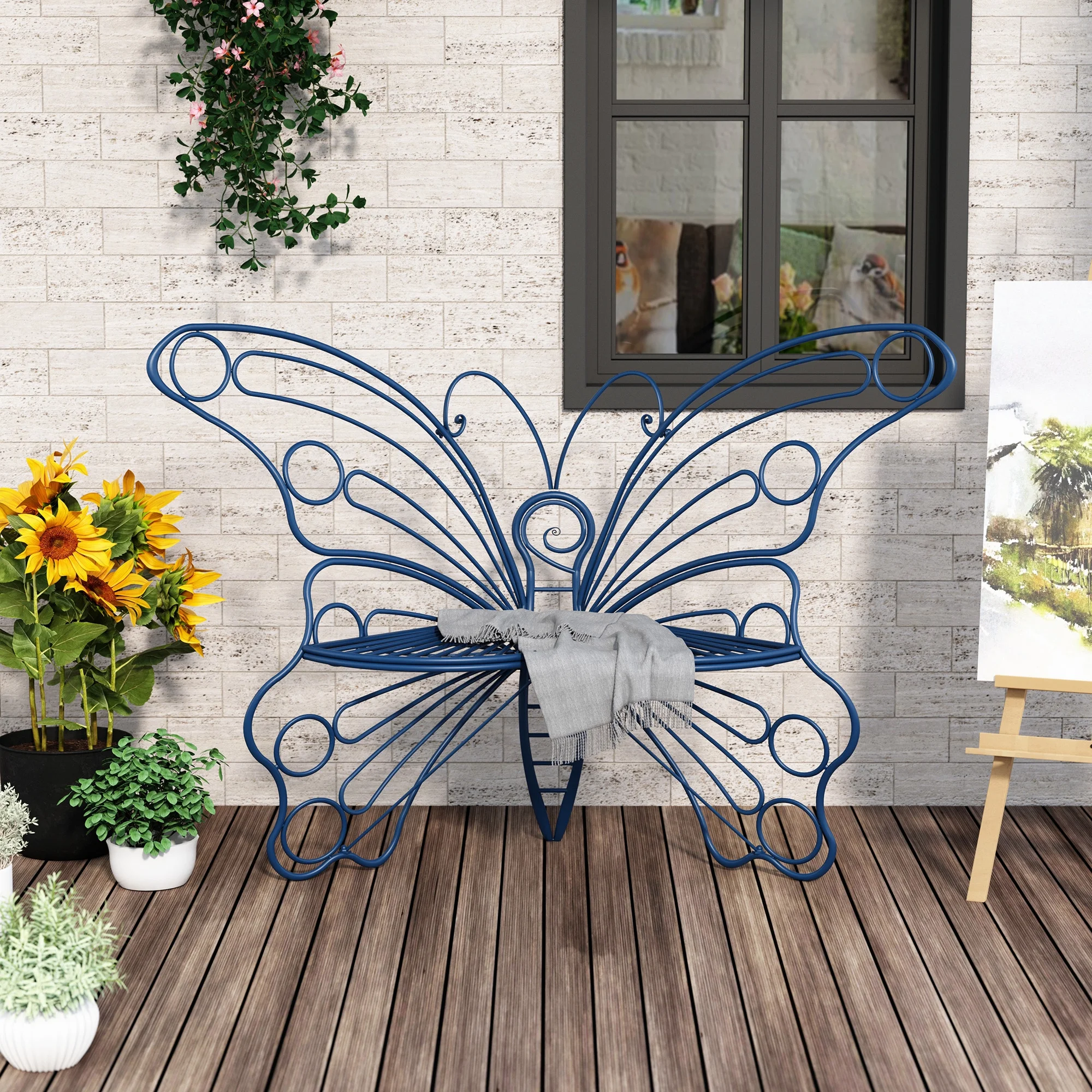 HLR Outdoor Bench with Butterfly Inspired Pattern, 50'' Metal Frame ...