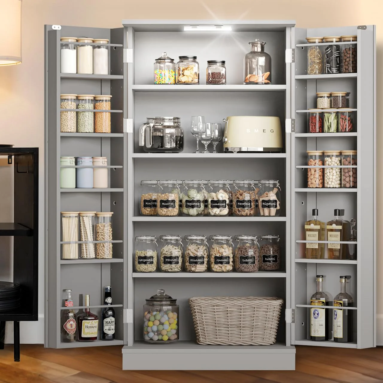Grey LED Kitchen Pantry Storage Cabinets - 50 Inch FreeStanding Food ...