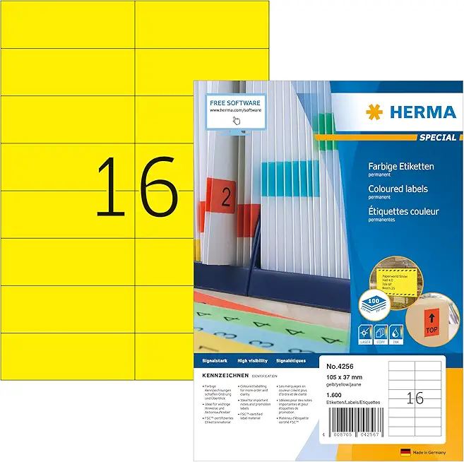 HERMA Self Adhesive Coloured Labels, 16 Labels per A4 Sheet, 100 Sheets ...