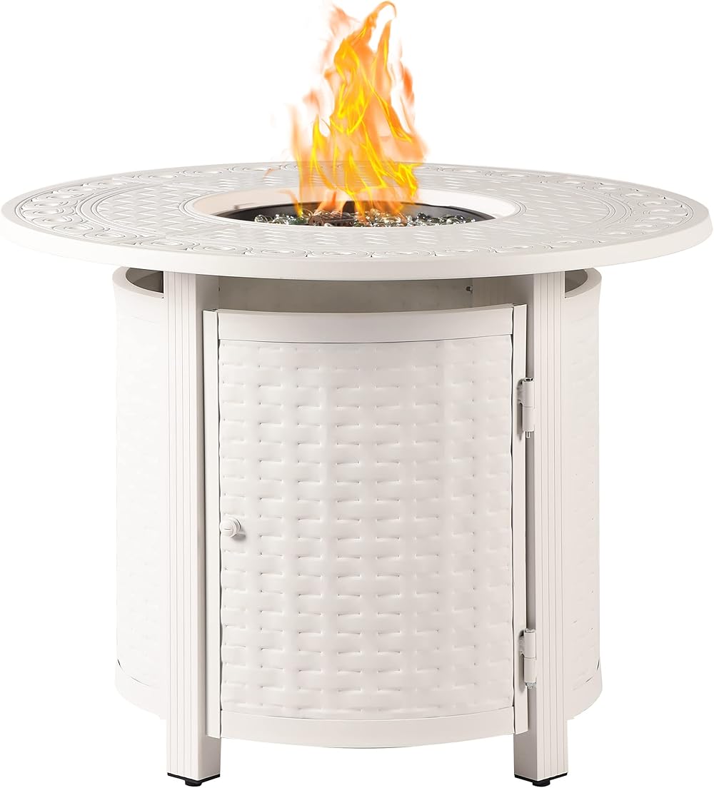Round 34 in. x 34 in. Aluminum Propane Fire Pit Table with Glass Beads ...