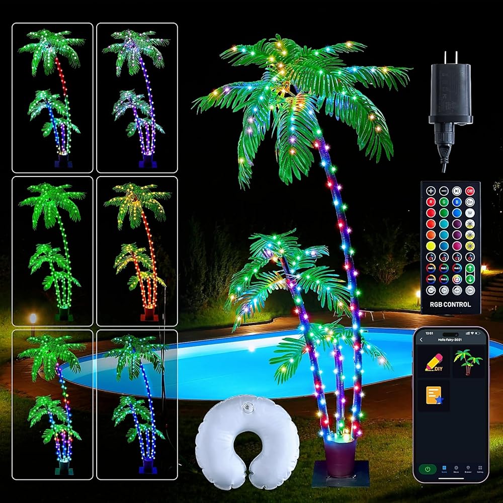 6FT Smart Lighted Palm Tree, 208LED RGB Color Changing Artificial Palm ...