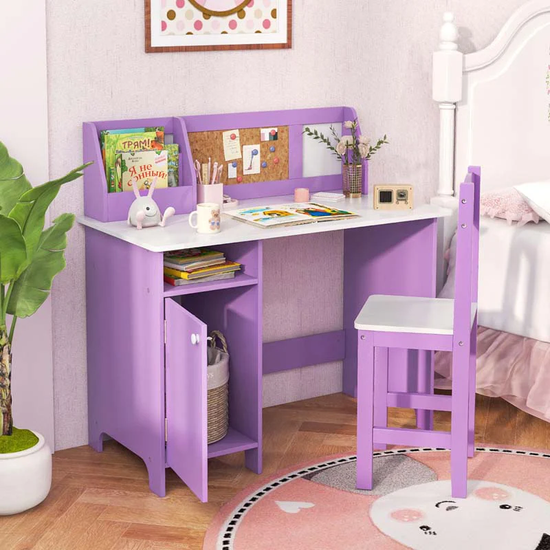Kids Desk and Chair Set with Whiteboard, Hutch, Cabinet, Wooden ...