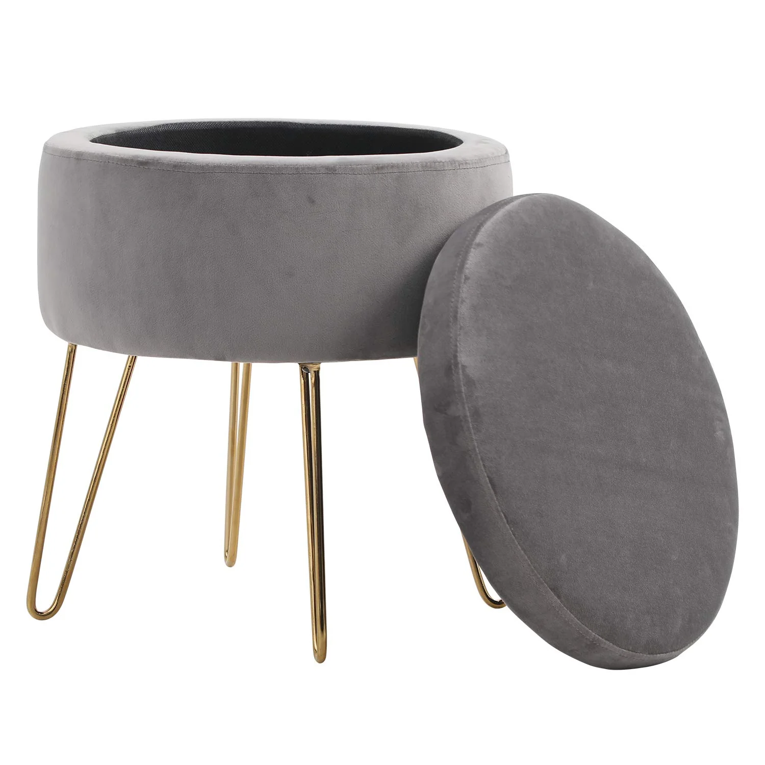 PHI VILLA Modern Velvet Round Storage Ottoman with Metal Legs