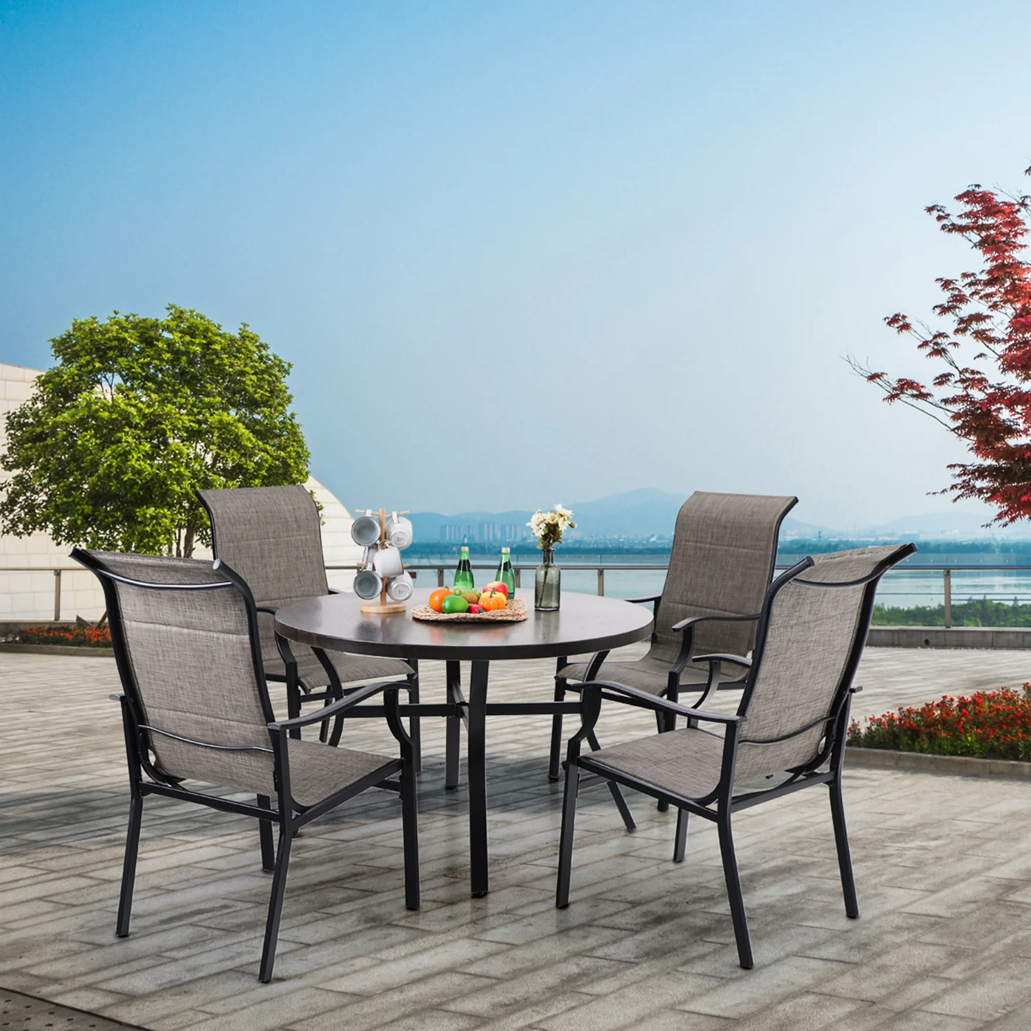 PHI VILLA Wood-look Pattern Metal Round Table & 4 Textilene Dining ...