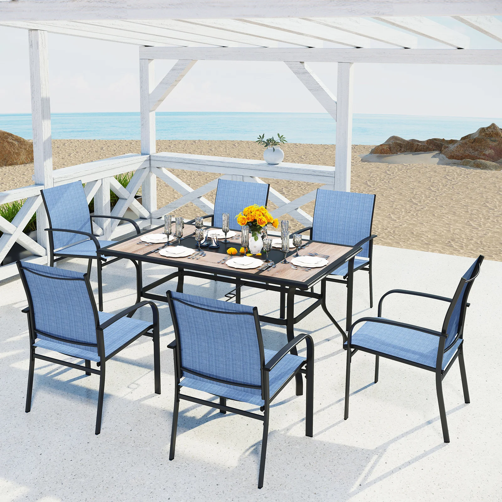 Sophia & William 7-Piece Patio Dining Sets Geometric Table & Textilene ...