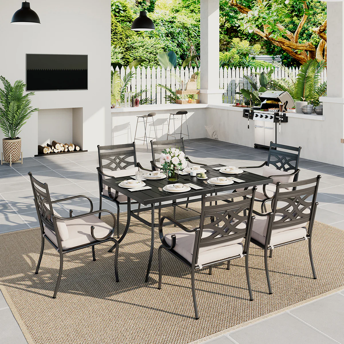 MFSTUDIO 7-Piece Outdoor Dining Set Steel Panel Table & Elegant Cast ...