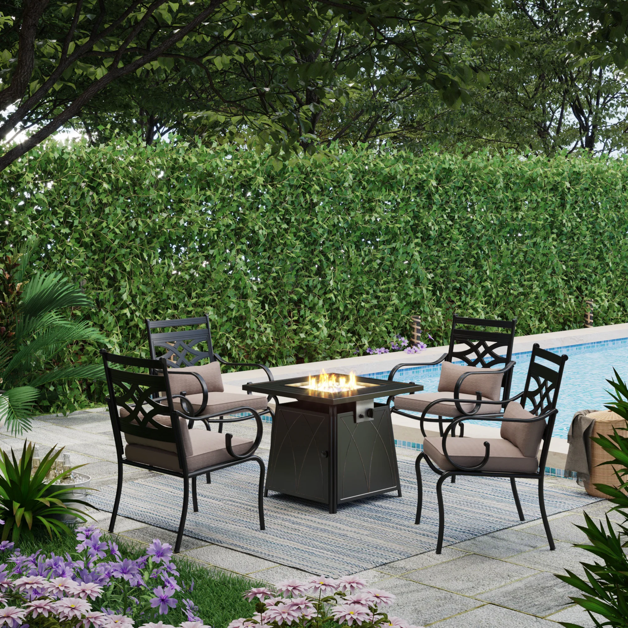 MFSTUDIO 5-Piece Outdoor Dining Set Gas Fire Pit Table & Elegant Cast ...