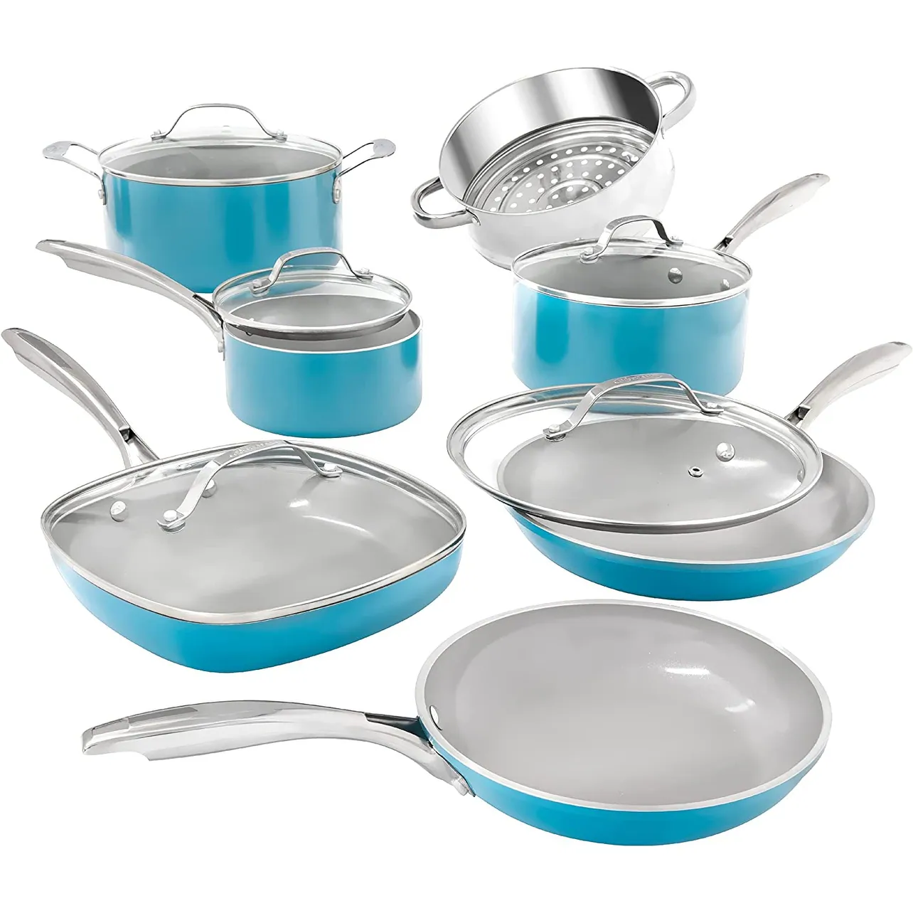 Aqua Blue Pots and Pans Set, 12 Piece Nonstick Ceramic Cookware Set ...