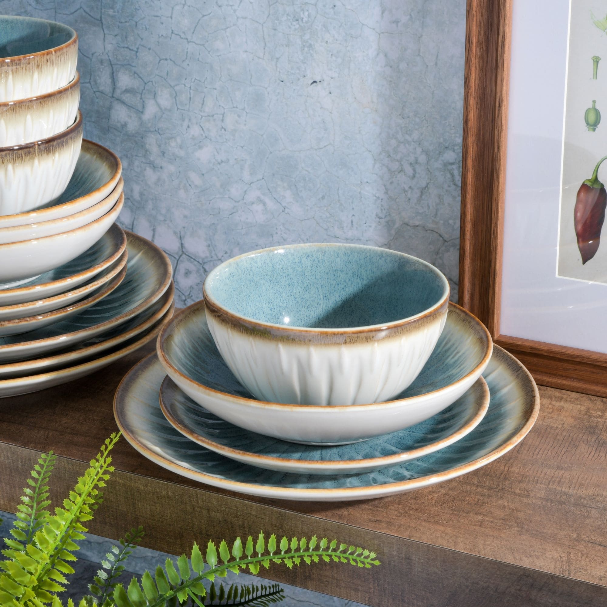 Gibson Elite Mayfair Bay 16-Piece Double Bowl Embossed Reactive Glaze ...