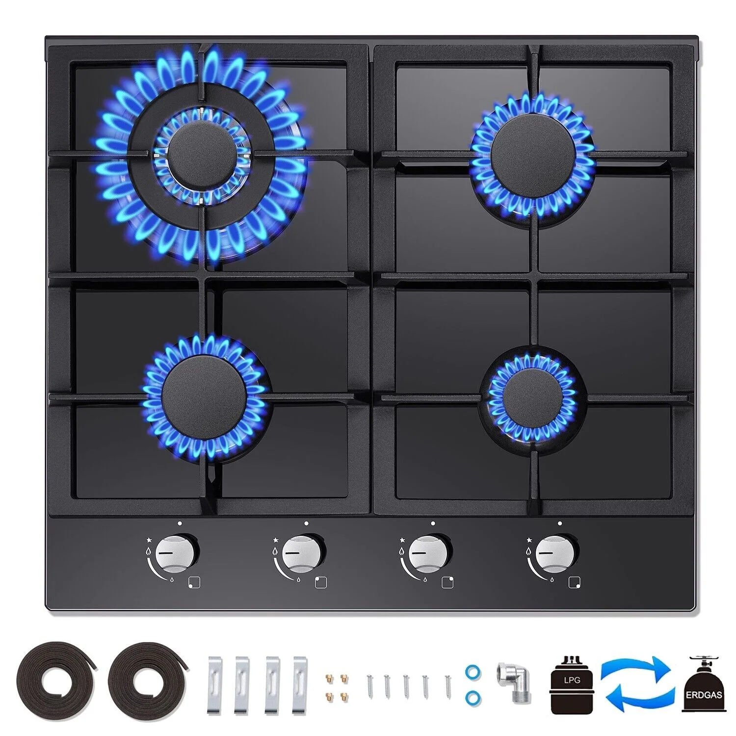 4-Burners Gas Cooktop 24 inch Tempered Glass Dual Burners NG/LPG ...