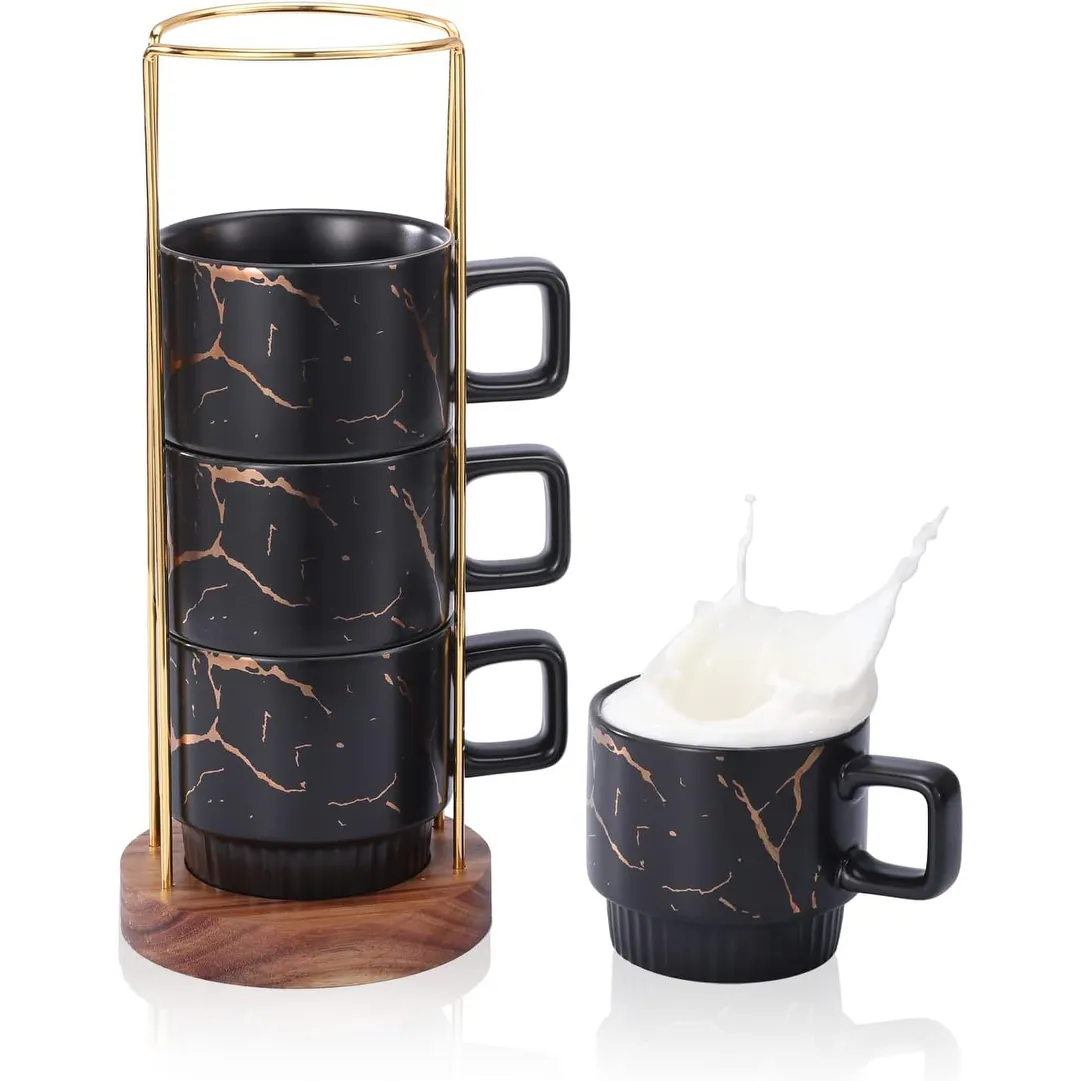 Large Stackable Coffee Mug Set with Rack and Wooden Base - Arizona Outlet