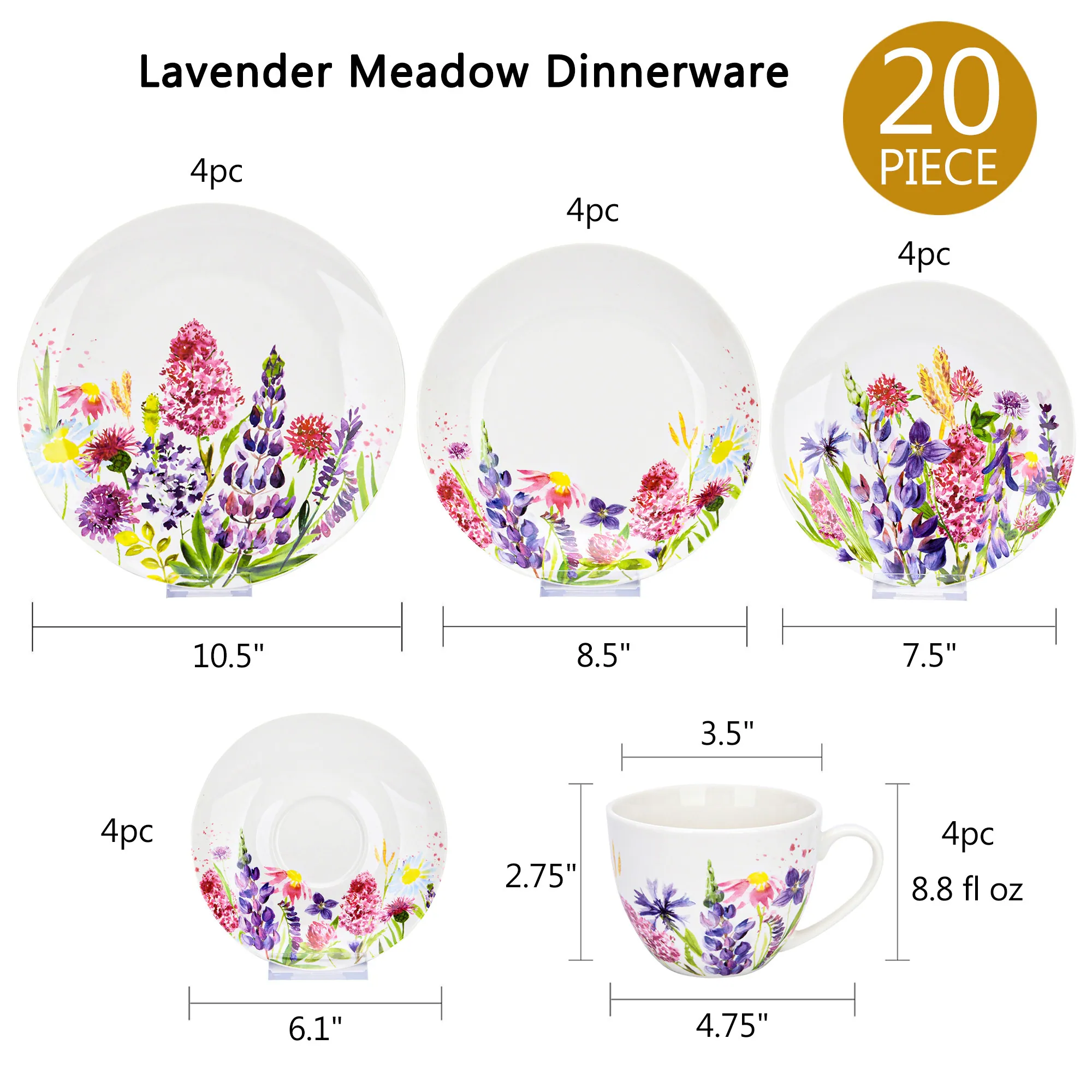 STP Goods Lavender Meadow Bone China Dinnerware Set of 20 for 4 ...