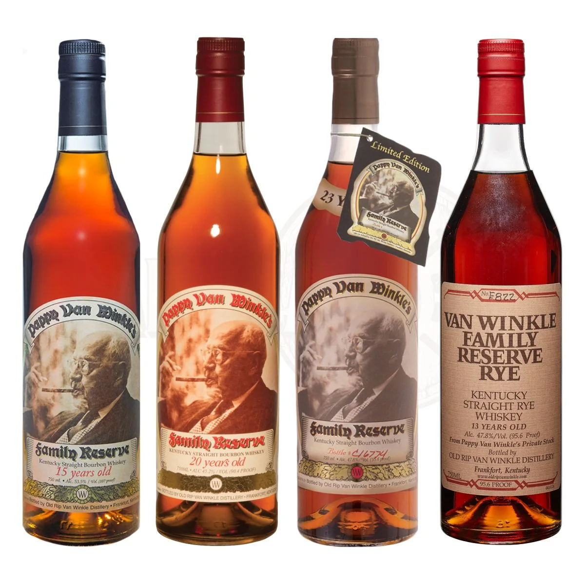 Pappy Van Winkle 15 Year Bourbon, 20 Year, 23 Year & Family Reserve Rye ...
