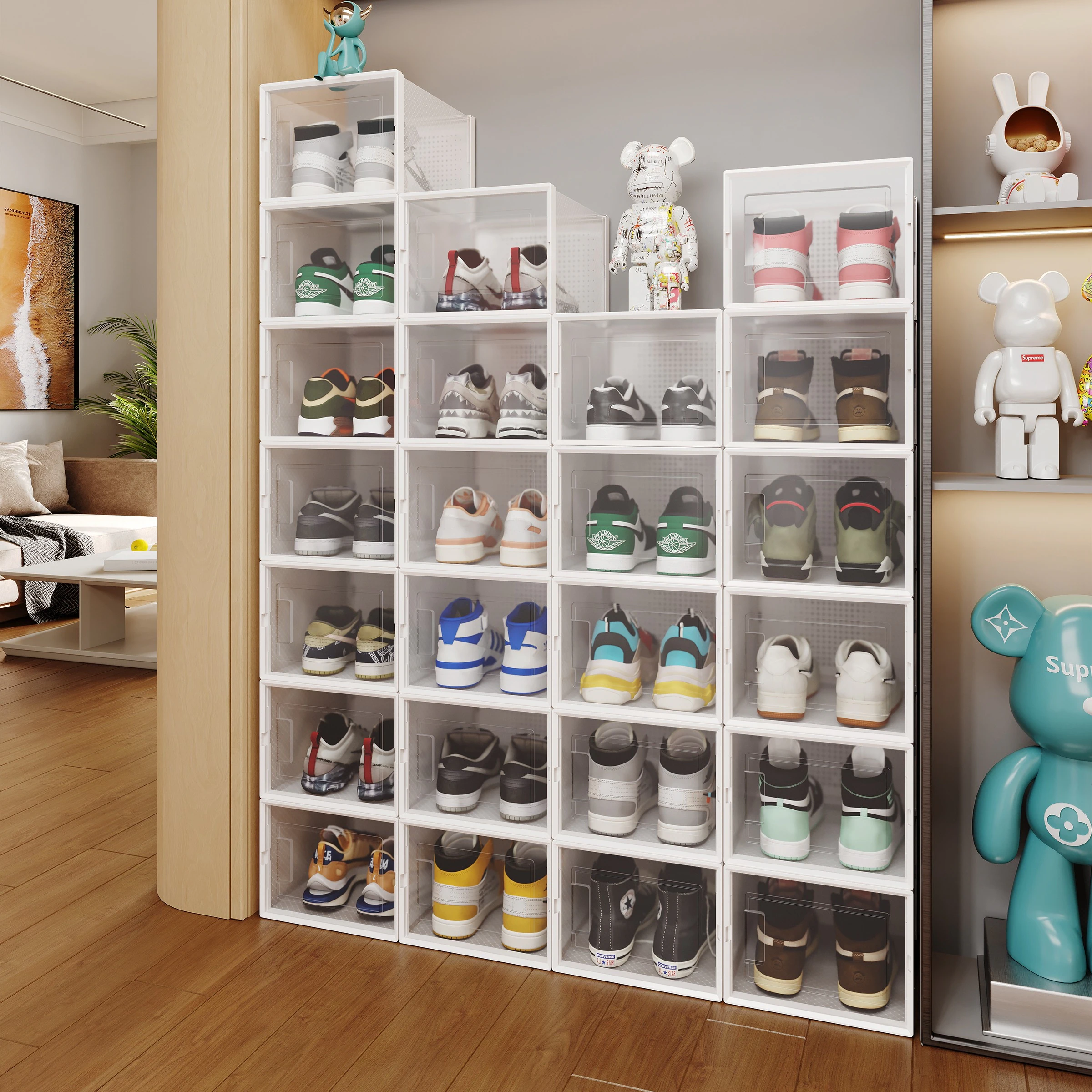 24 Pack Shoe Storage Box, Plastic Foldable Shoe Box, Stackable Clear ...