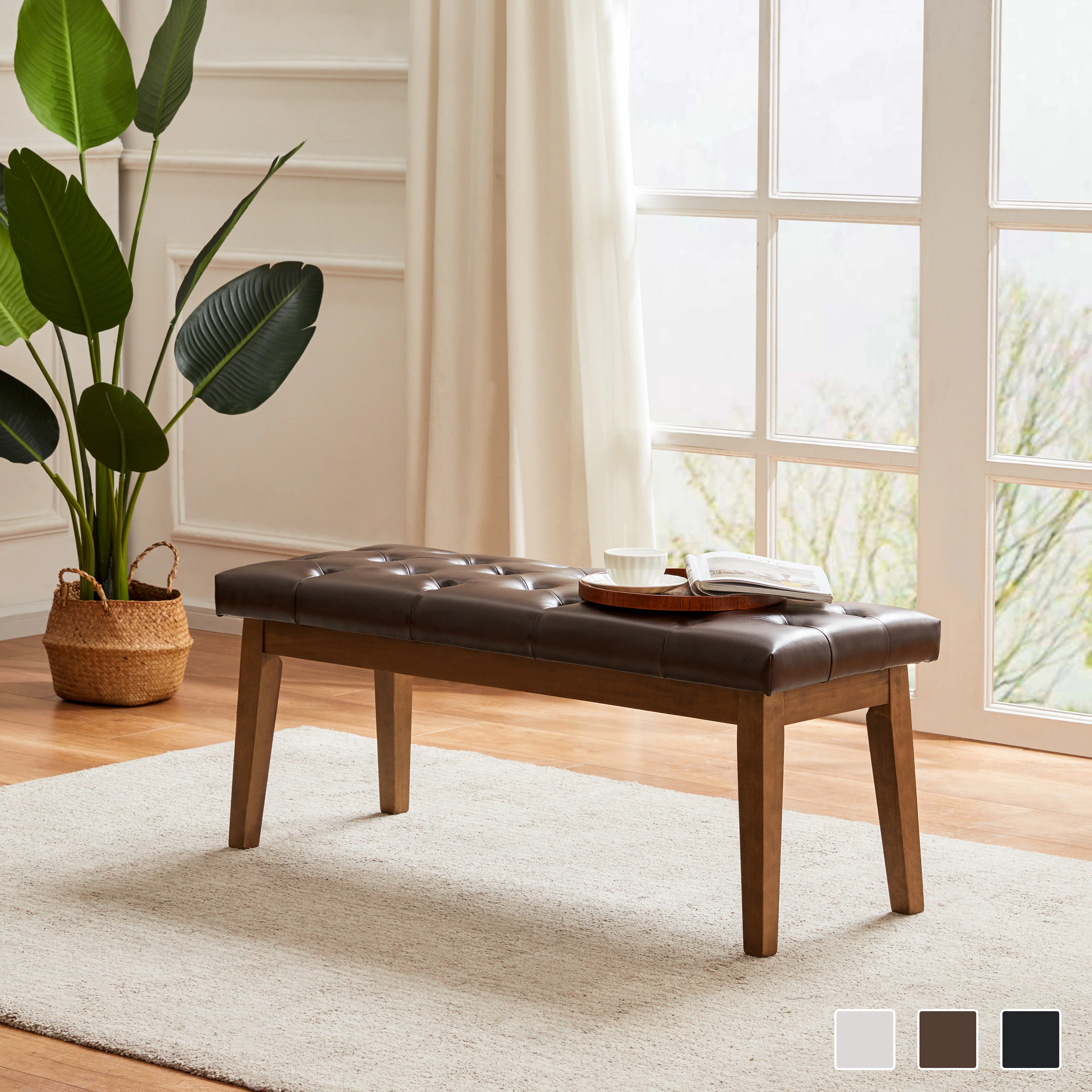 HUIMO Button-Tufted Bench for End of Bed, Entryway Bench Beige/ Black ...