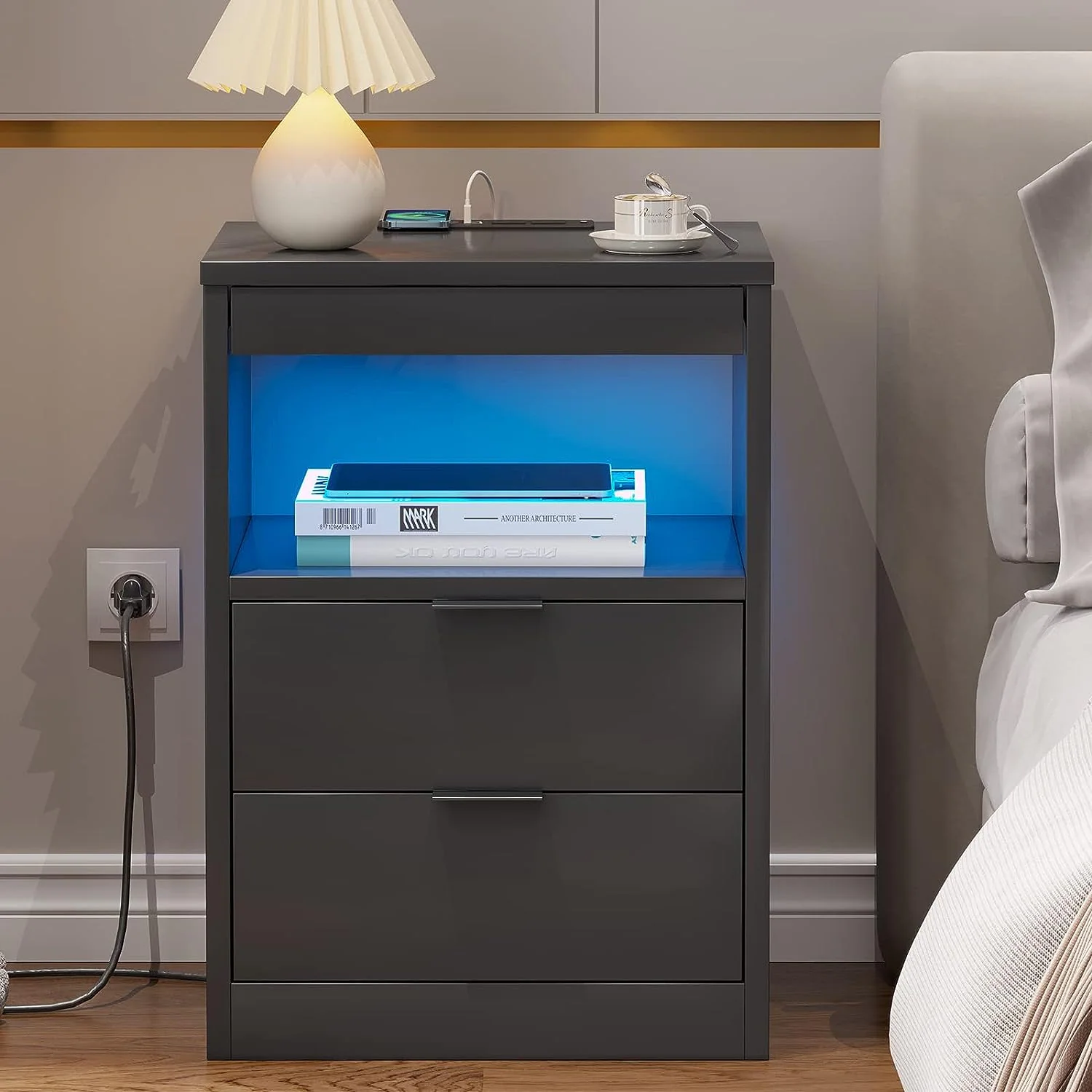 2 Drawers LED Nightstand Wireless Charging Station Pull-Out Shelf ...