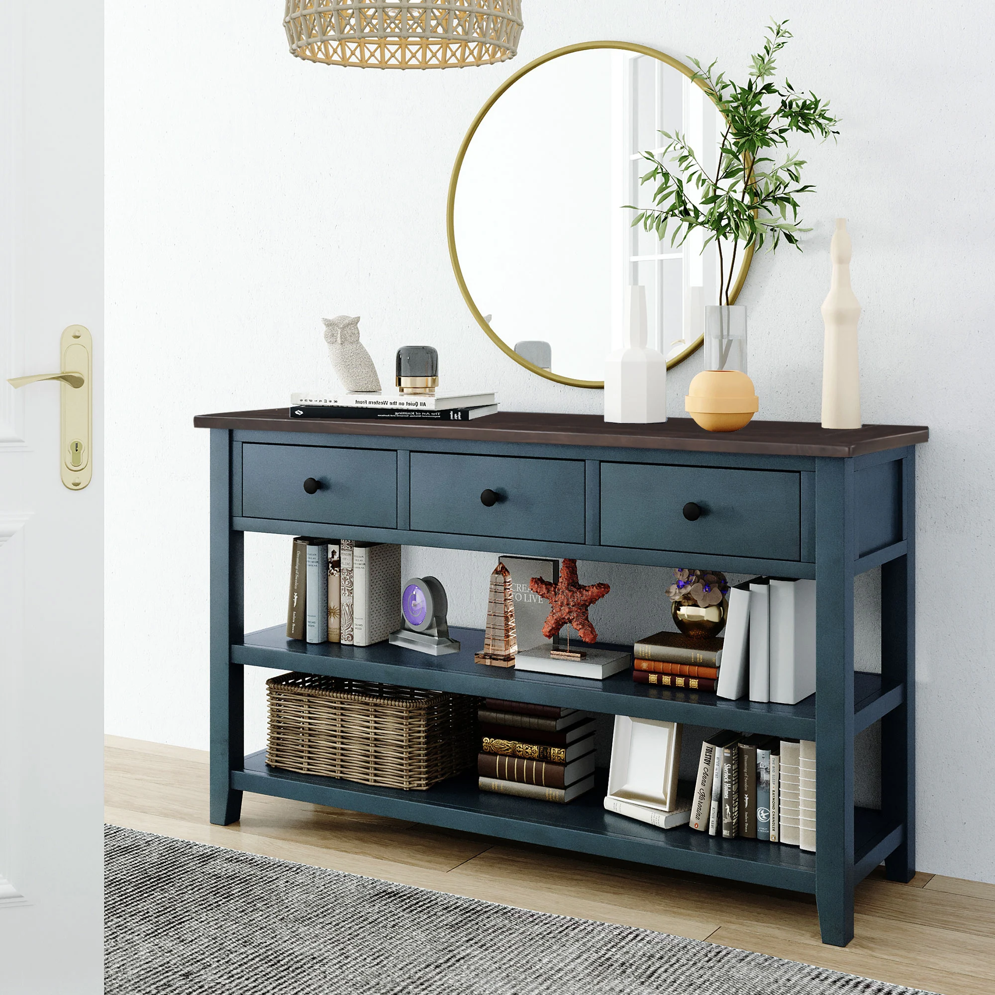 Navy 3-drawer Entryway Console Table with 2-Tier Open Shelves - Arizona ...