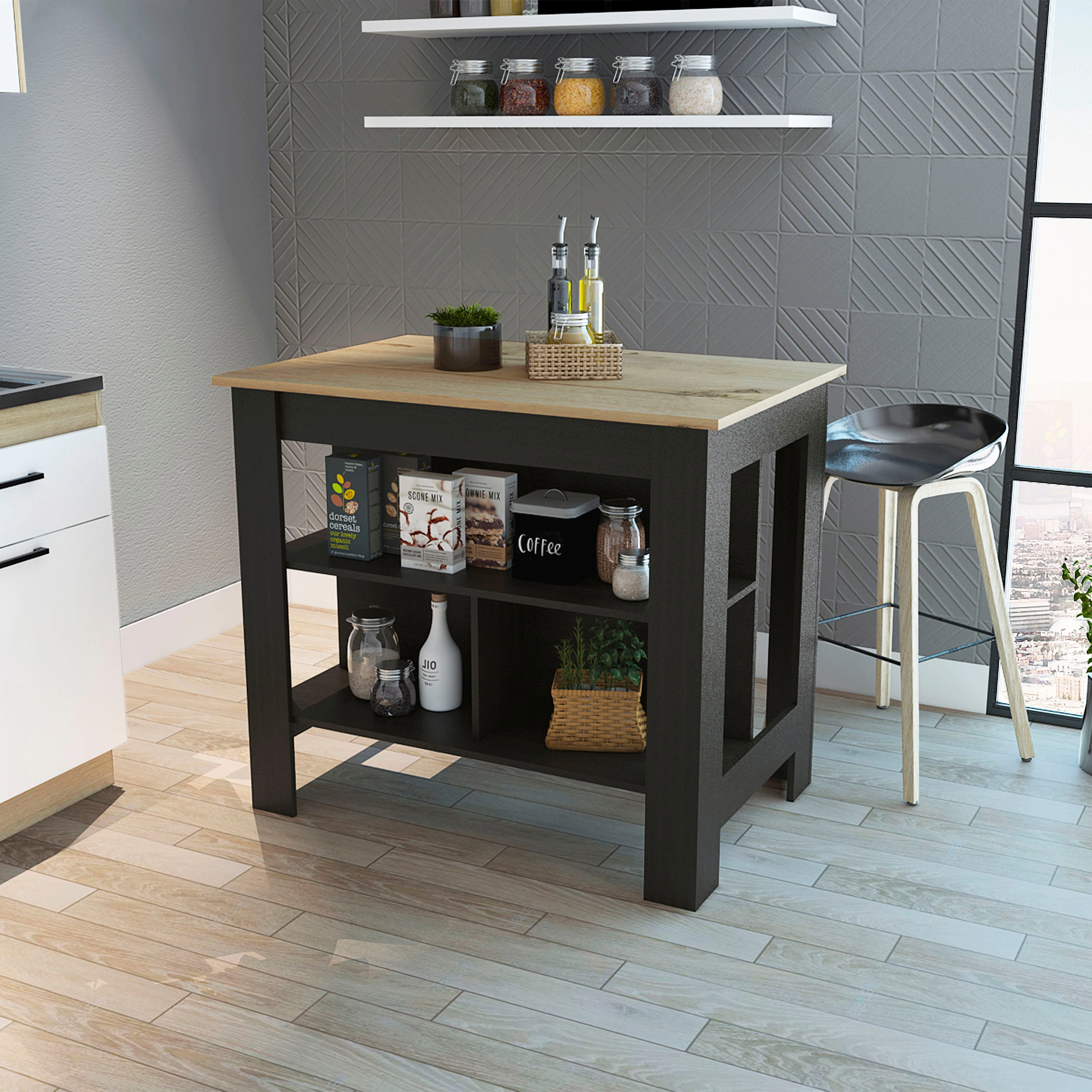 Modern 3-Shelf Rectangle Kitchen Island, Manufactured wood - Arizona Outlet