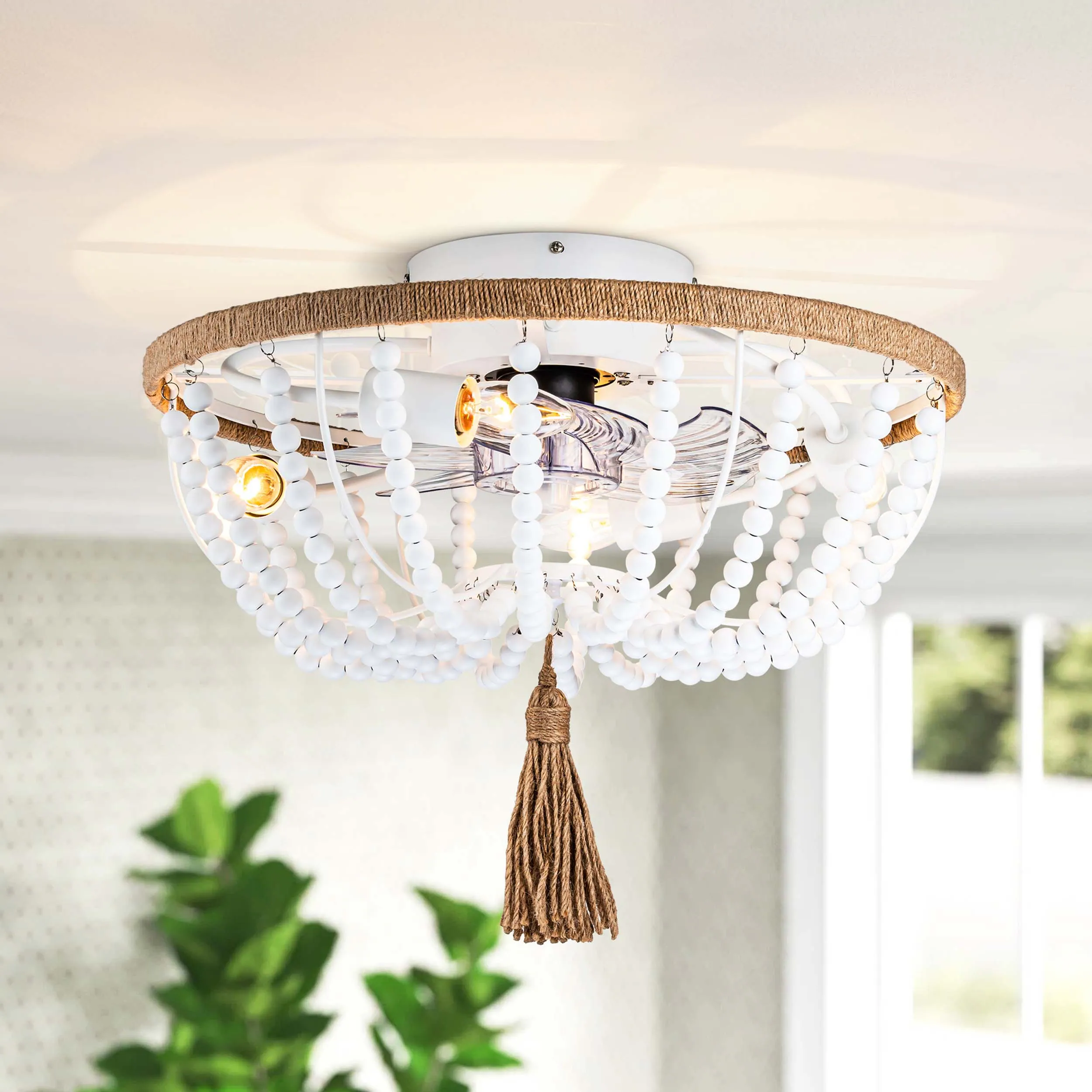 21-inch Bohemian Wooden Beaded Farmhouse 4-Light 7-Blade Ceiling Fan ...
