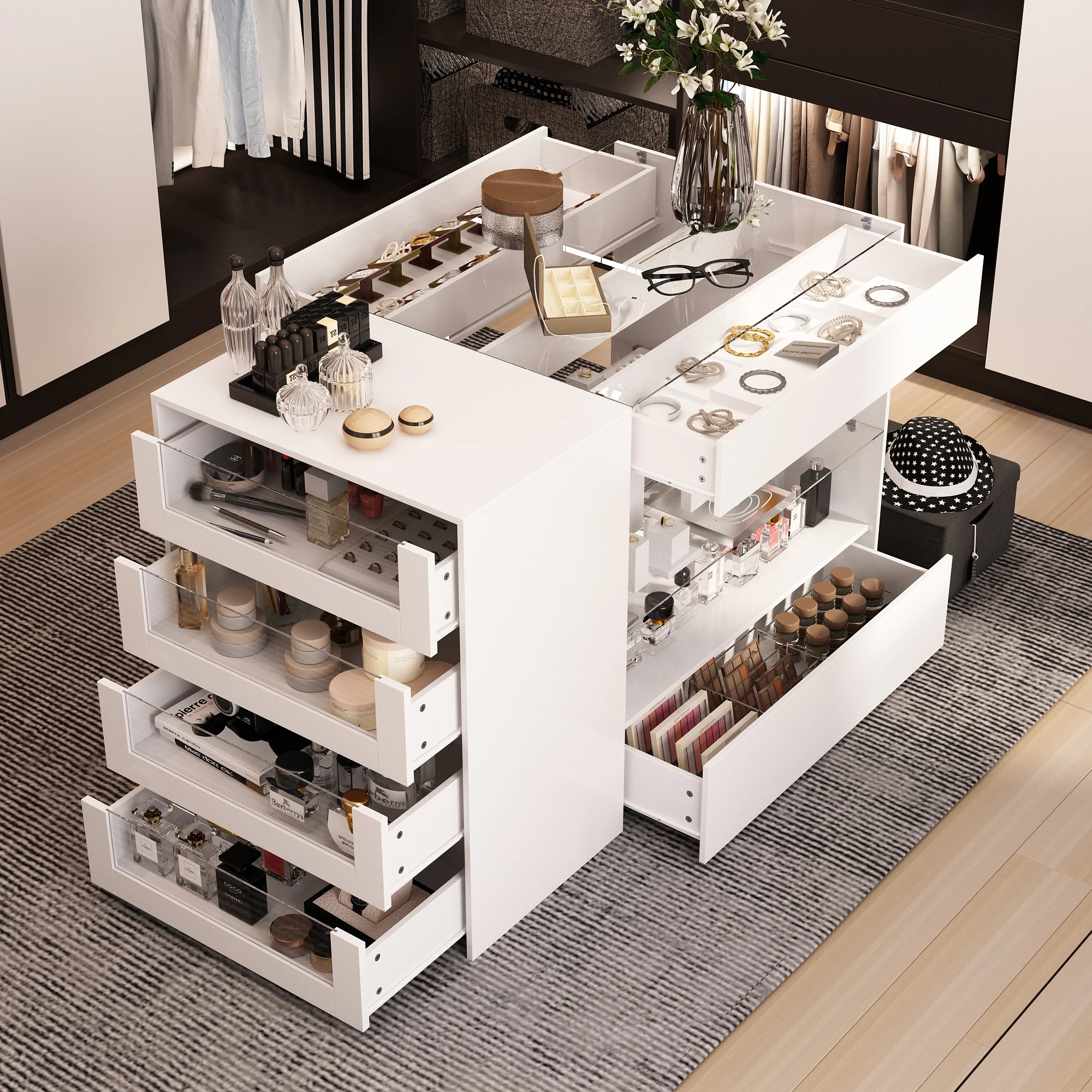 Glass-Top Closet Organizer White Dressing Island Ample Storage Dresser ...