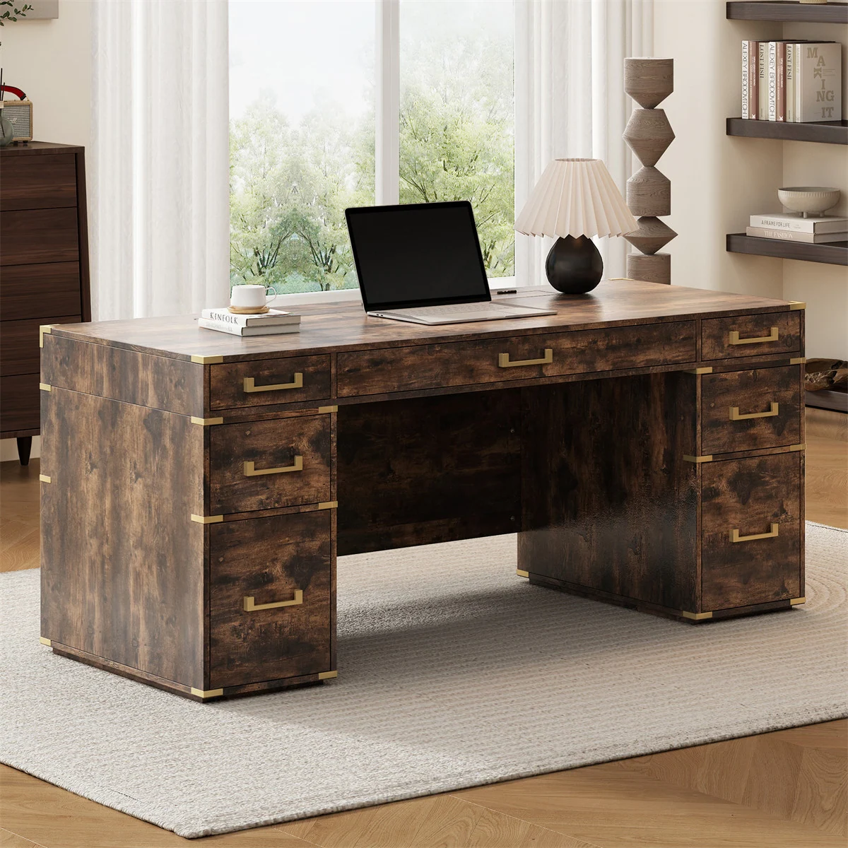 70" Traditional Executive Writing Desk with Metal Edge Trim, Drawers ...