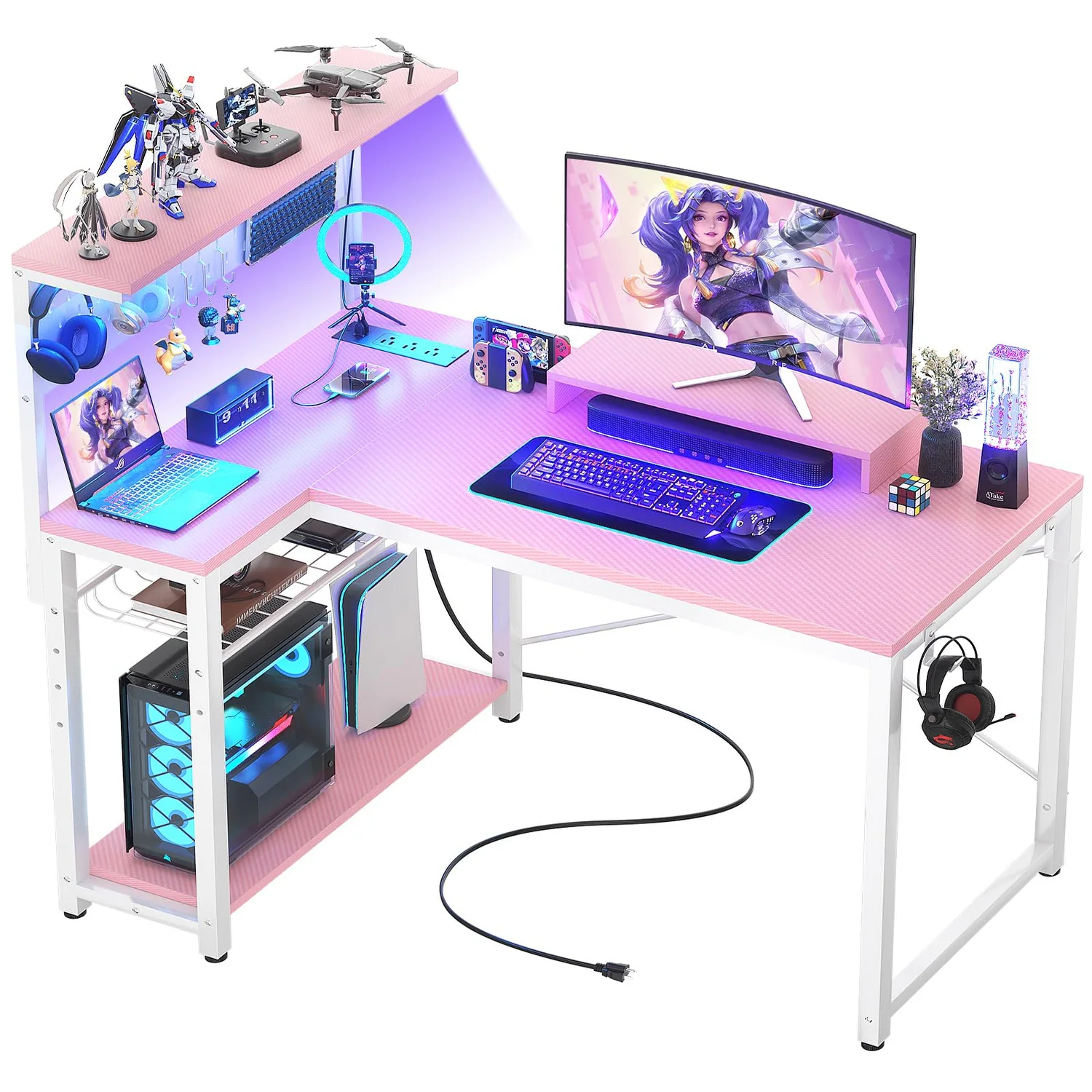 Small Gaming Desk with Power Outlets, 43" L Shaped Computer Desk with ...