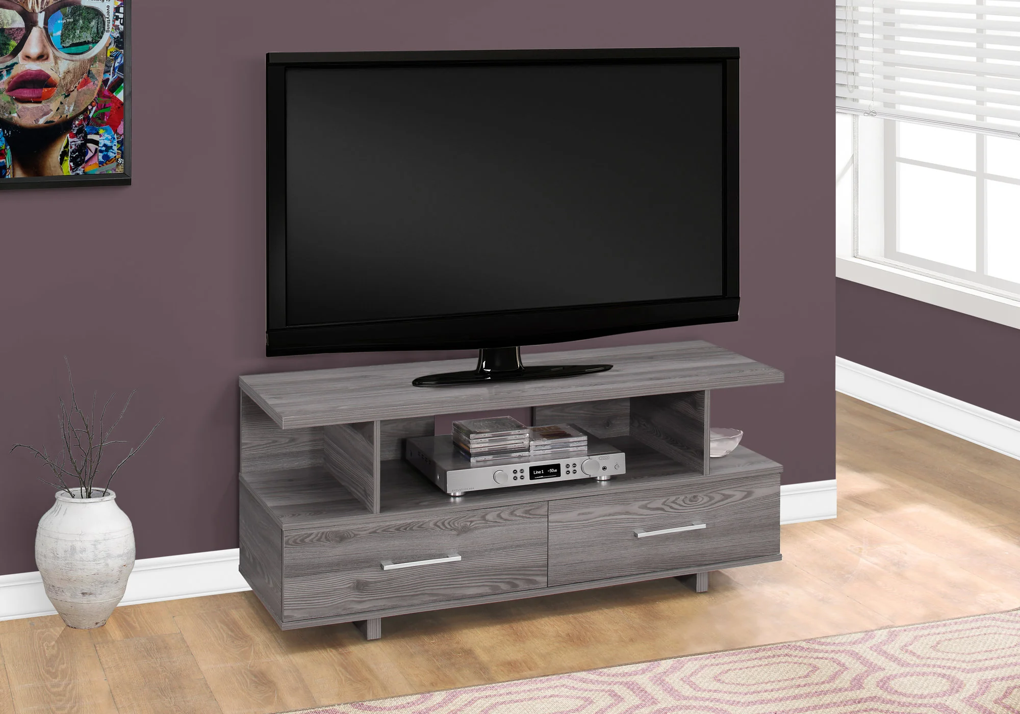 20" Grey Particle Board And Laminate TV Stand With 2 Storage Drawers ...