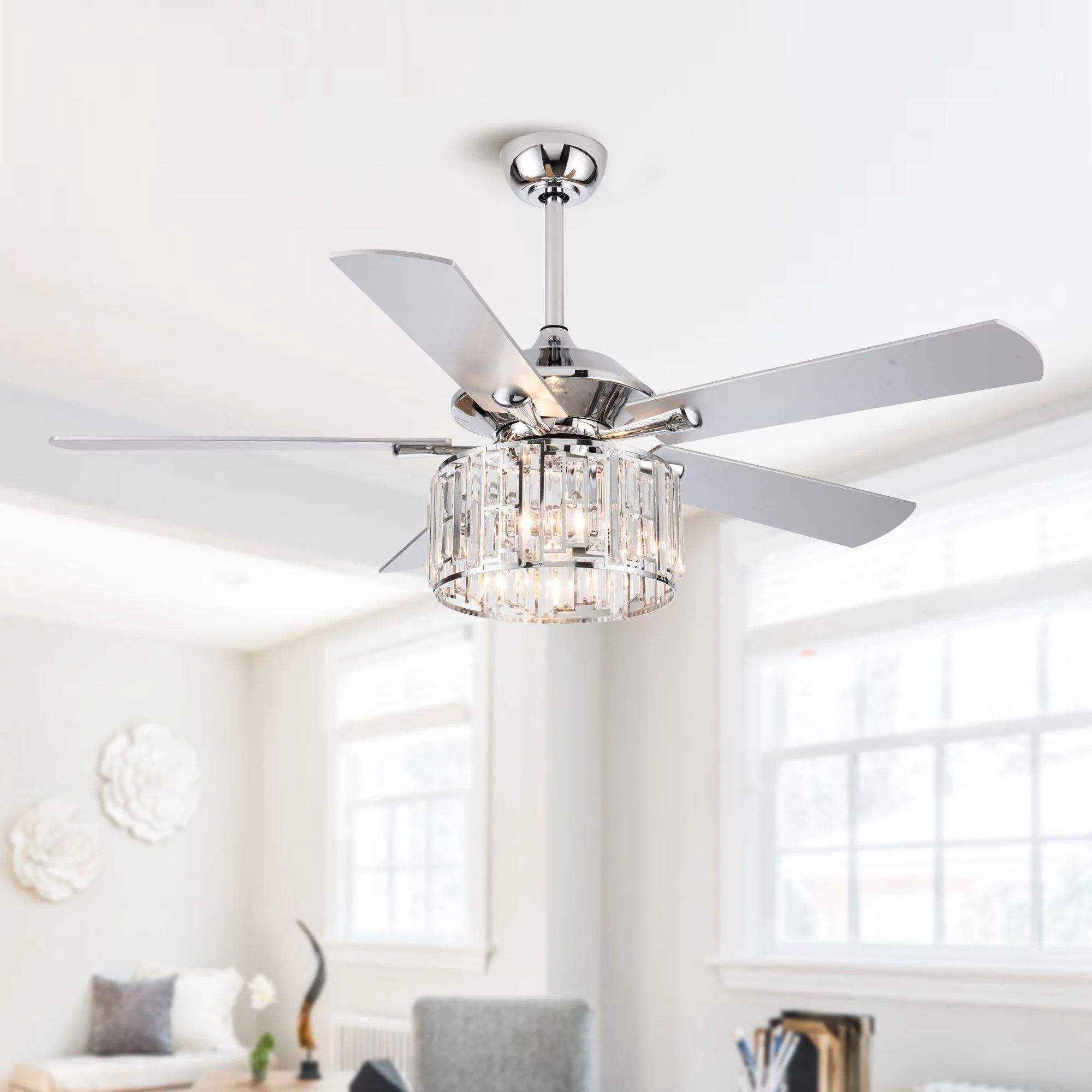 52" Modern Chrome Reversible 5-Blade Crystal Ceiling Fan with Remote ...