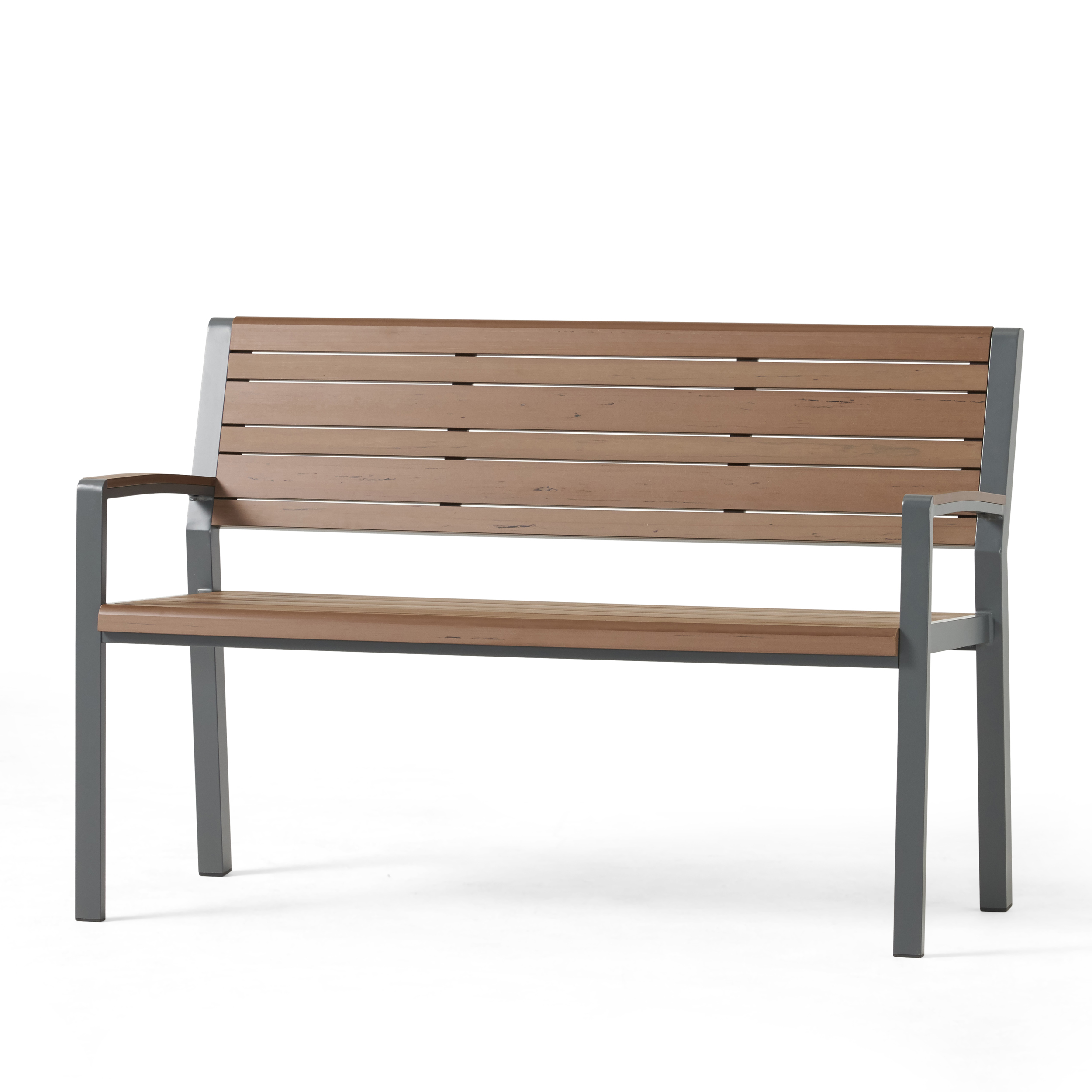 GDF Studio Trimble Outdoor Aluminum and Faux Wood Bench, Gray and Brown ...