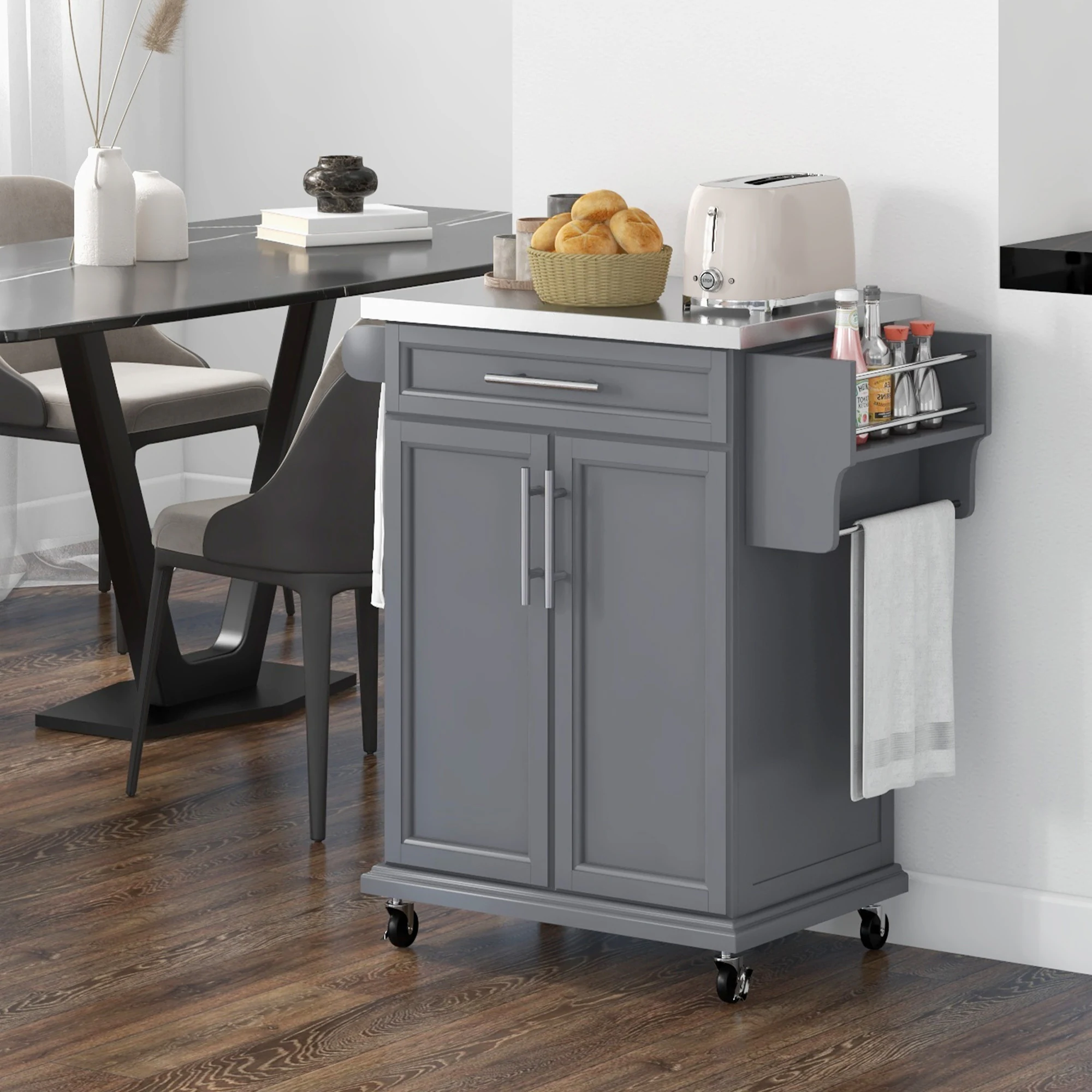HOMCOM Kitchen Island on Wheels, Rolling Kitchen Cart with Stainless ...