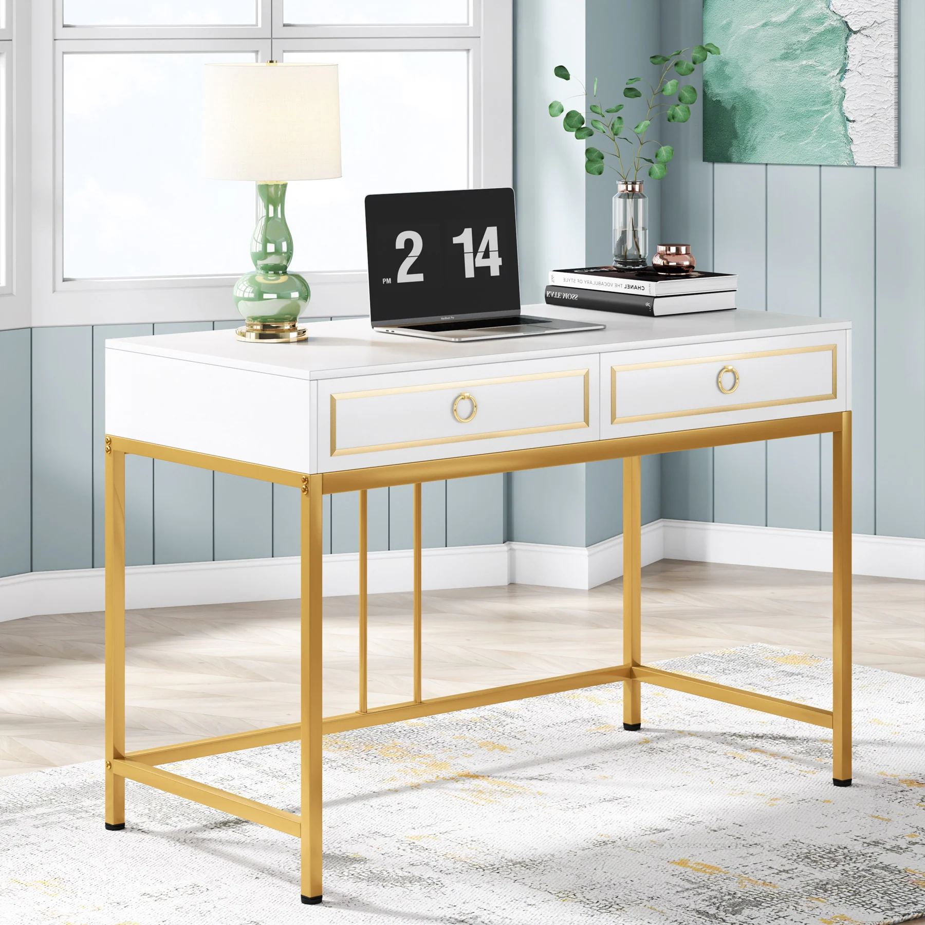 Computer Desk with 2 Drawers, 41.3" Modern Simple White and Gold ...